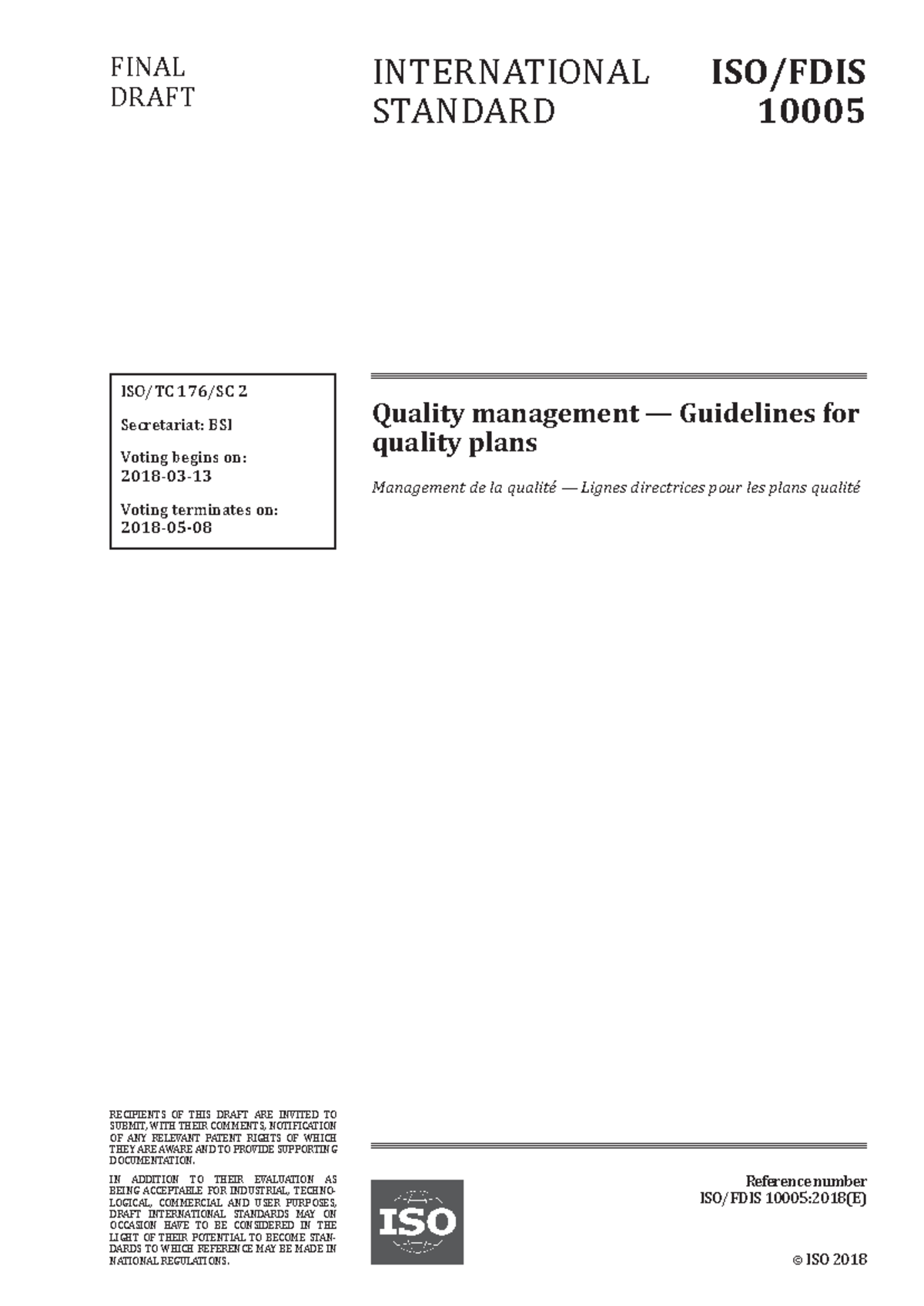 ISO FDIS 10005 2018 - © ISO 2018 Quality management — Guidelines for ...