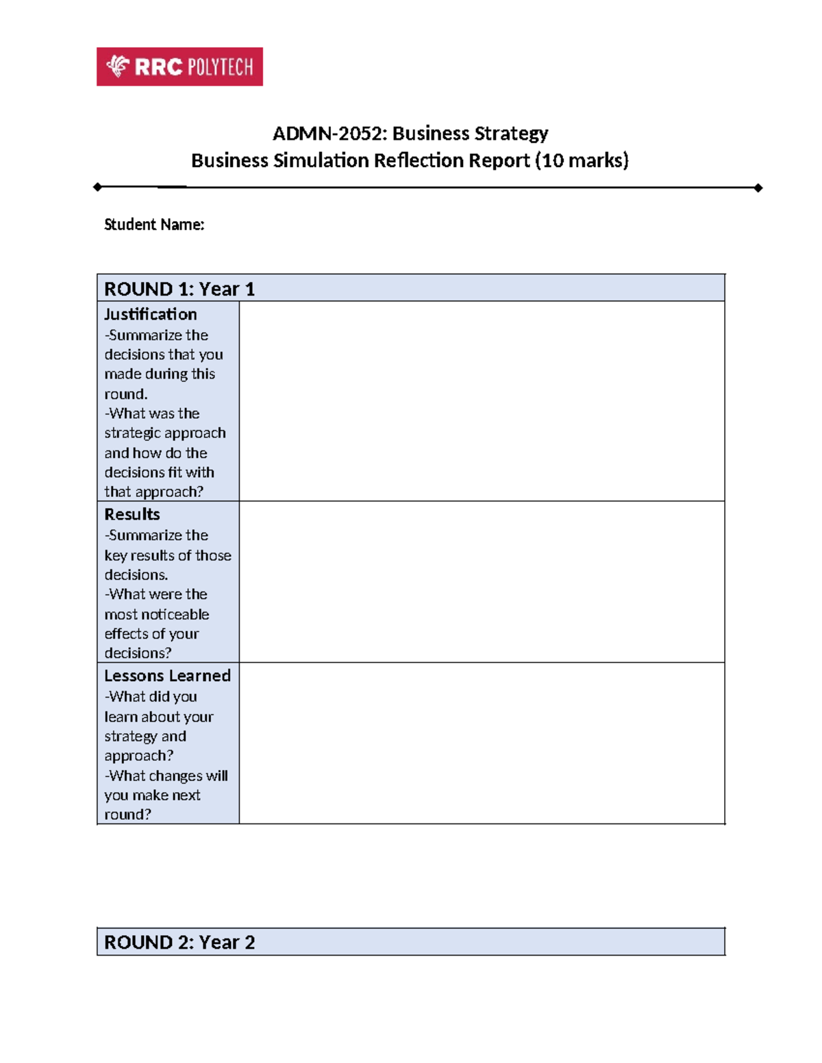 ADMN2052 Simulation Reflection Report Fill-In Form Fall 2023 - ADMN ...