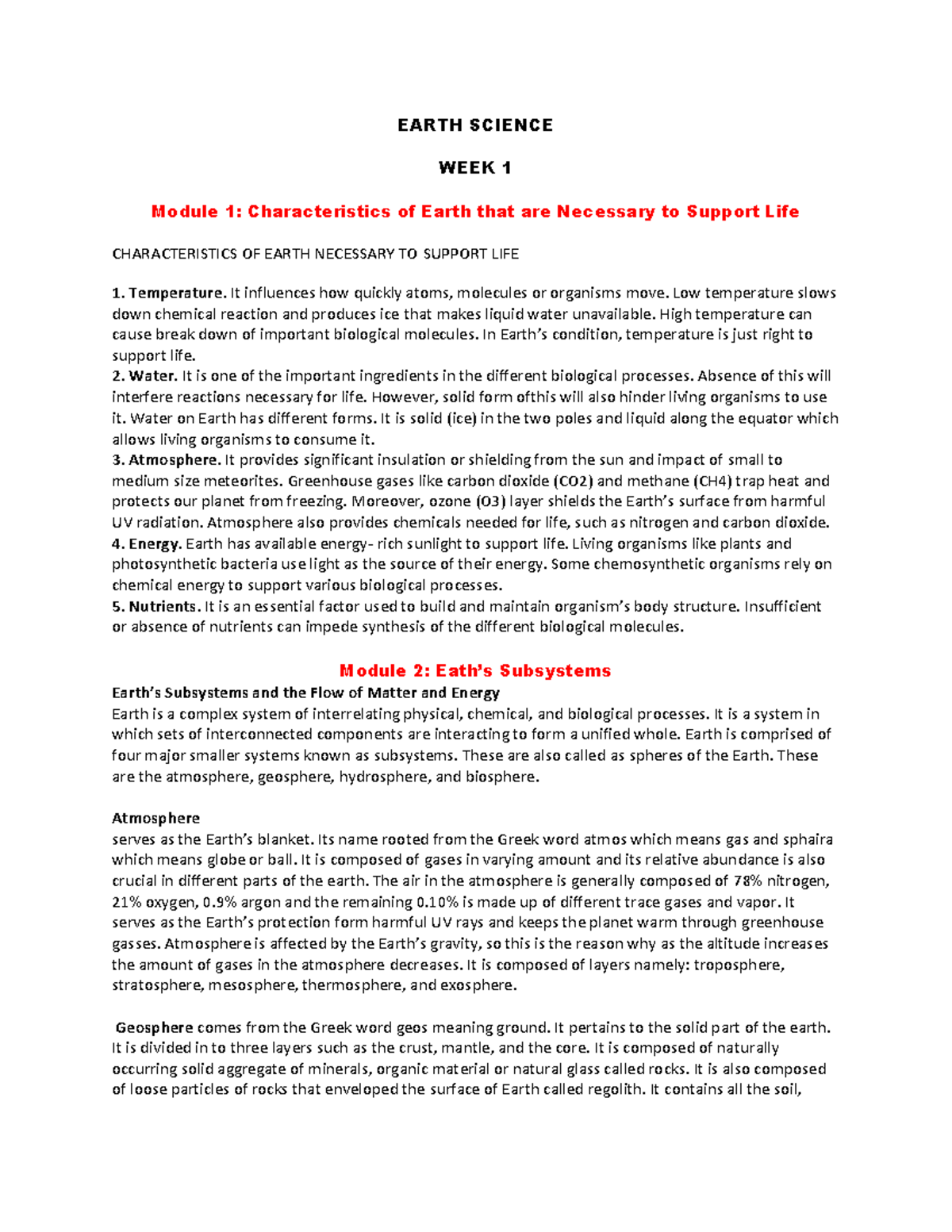 Earth- Science- Reviewer - EARTH SCIENCE WEEK 1 Module 1 ...