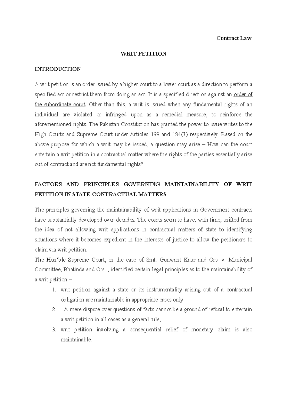 Introduction - Contract Law WRIT PETITION INTRODUCTION A writ petition ...