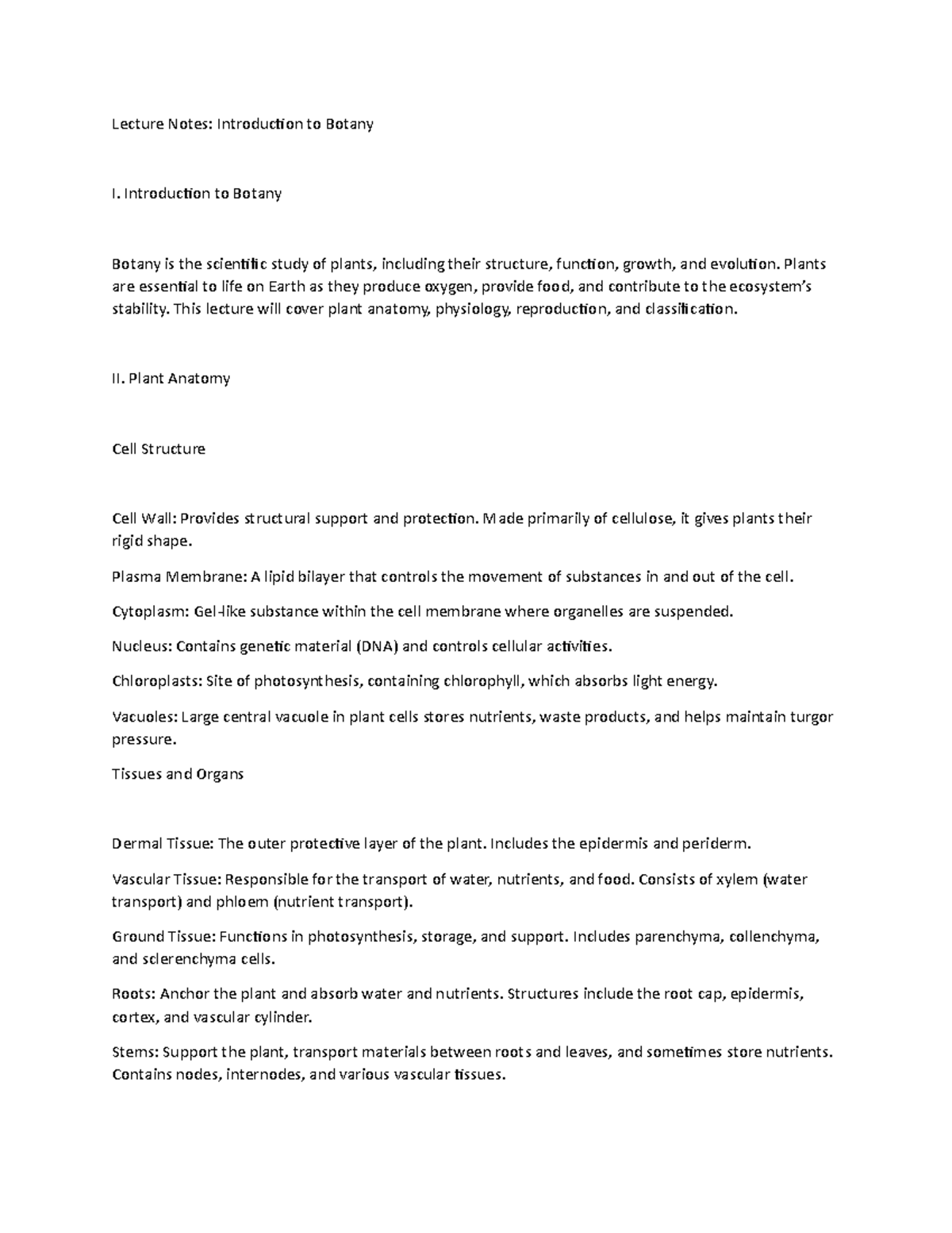 Lecture Notes - Introduction to Botany Botany is the scientific study ...