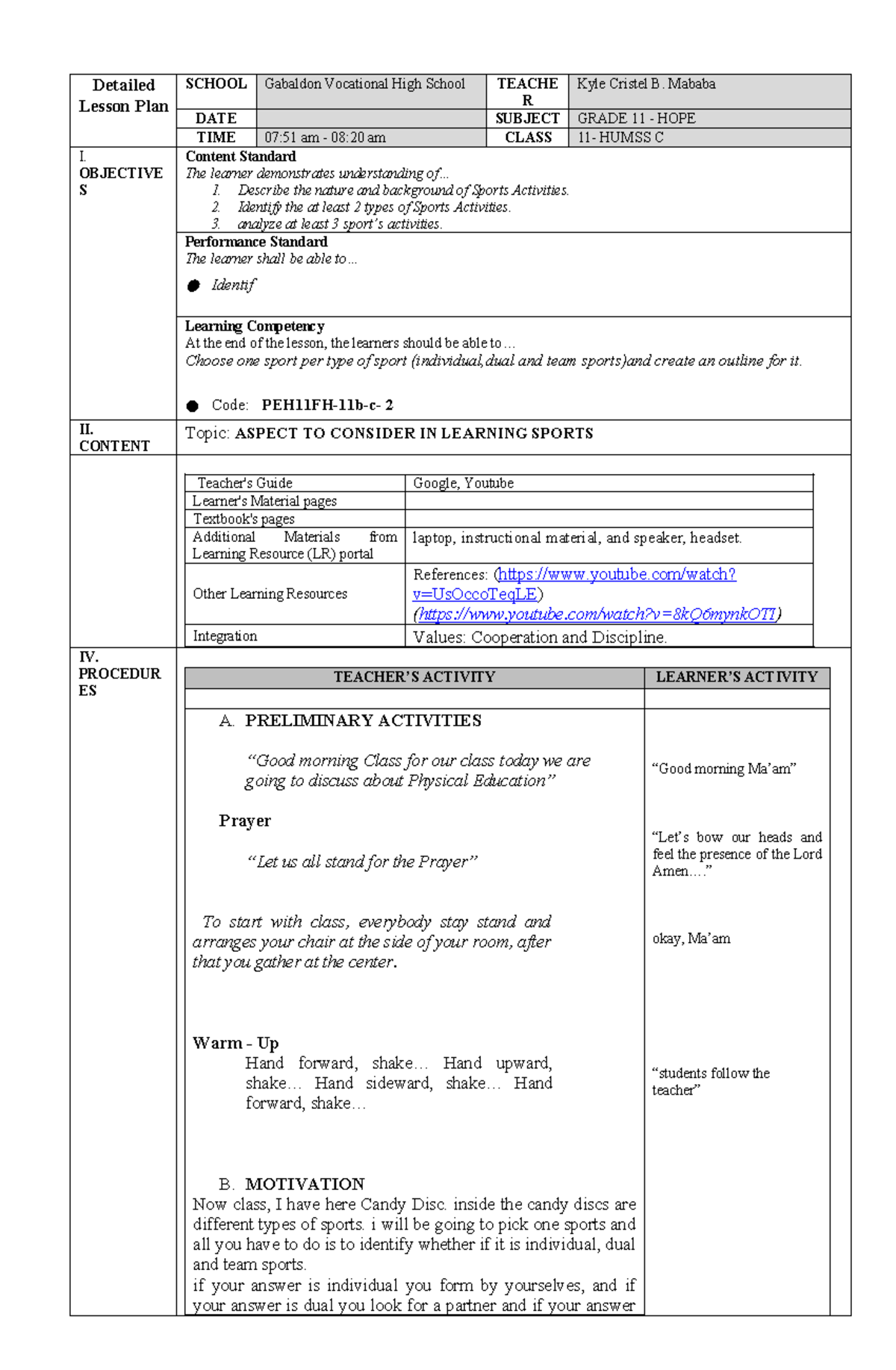 Detailed Lesson Plan in MAPE7 ART, fourth Quarter - Detailed Lesson ...