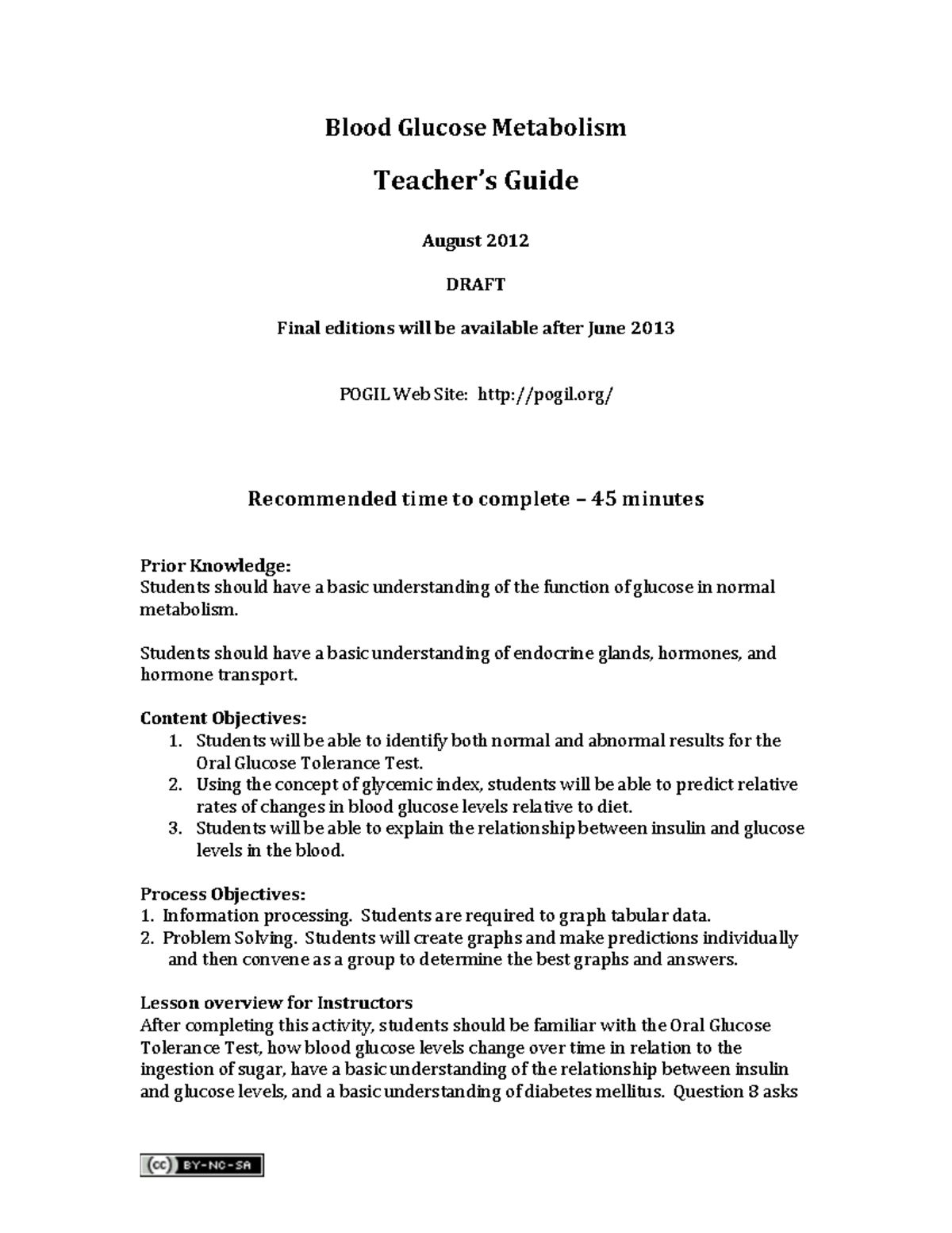 Blood Glucose Metabolism Teacher's Guide - Blood Glucose Metabolism ...