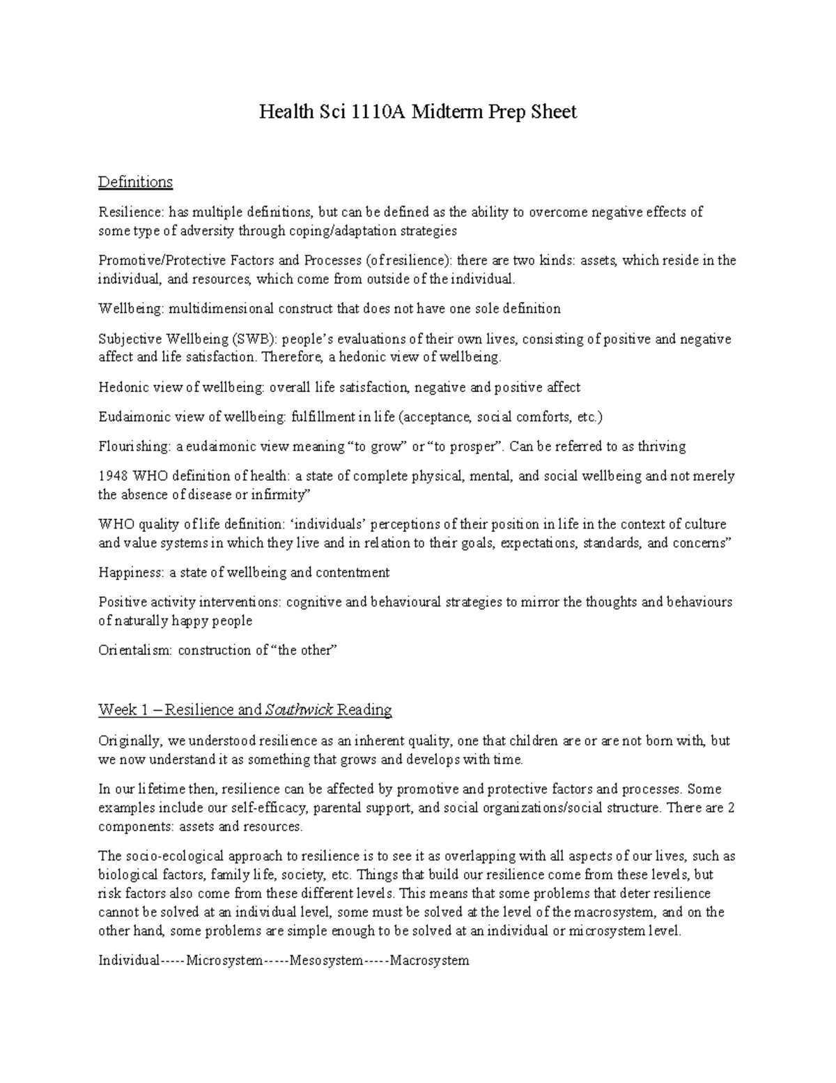 Health Sci 1110A Midterm Prep Sheet - Health Sci 1110A Midterm Prep ...