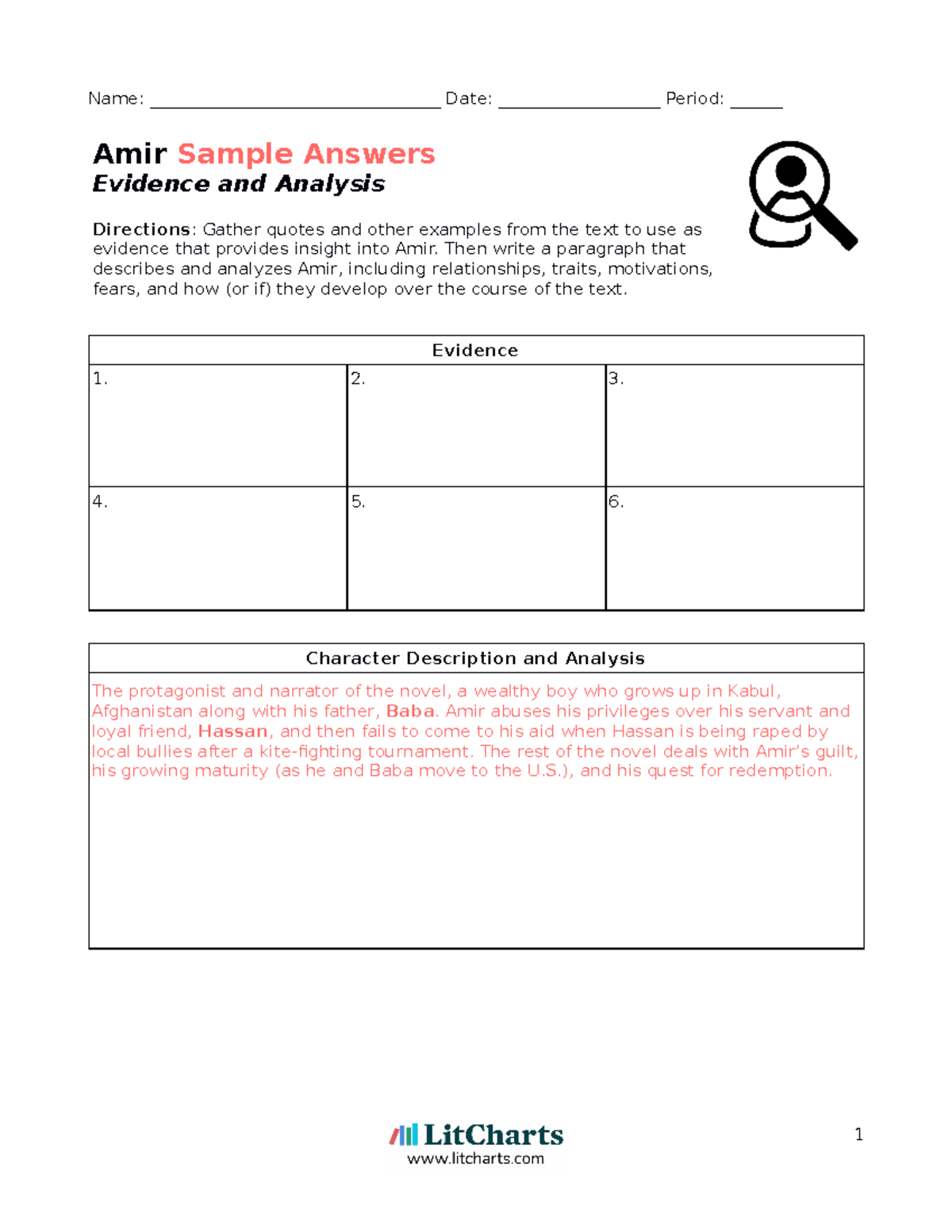 2. Character Analysis Sample Answers - Amir Sample Answers Evidence and Analysis Directions ...