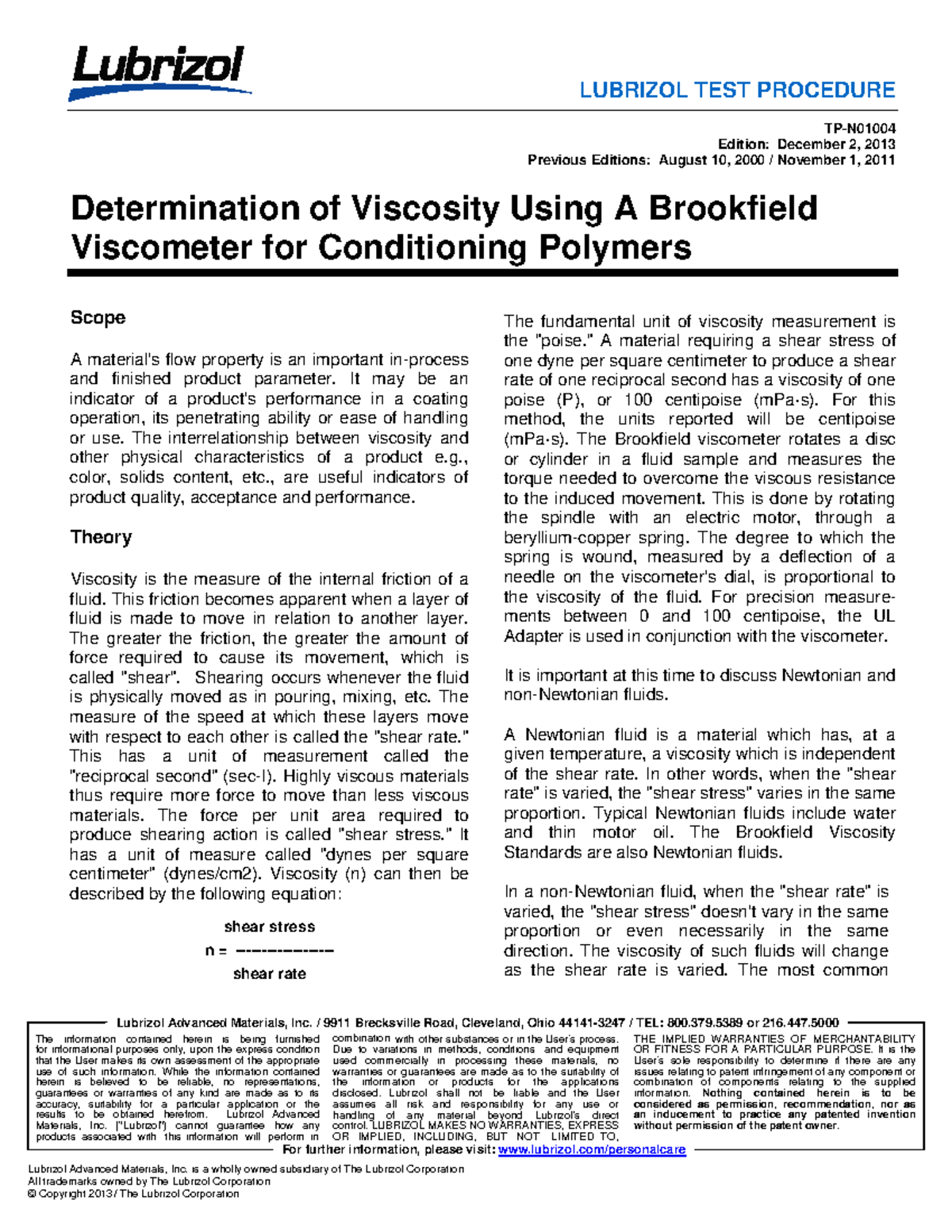# Determinationof Viscosity Using ABrookfield Viscometerfor ...