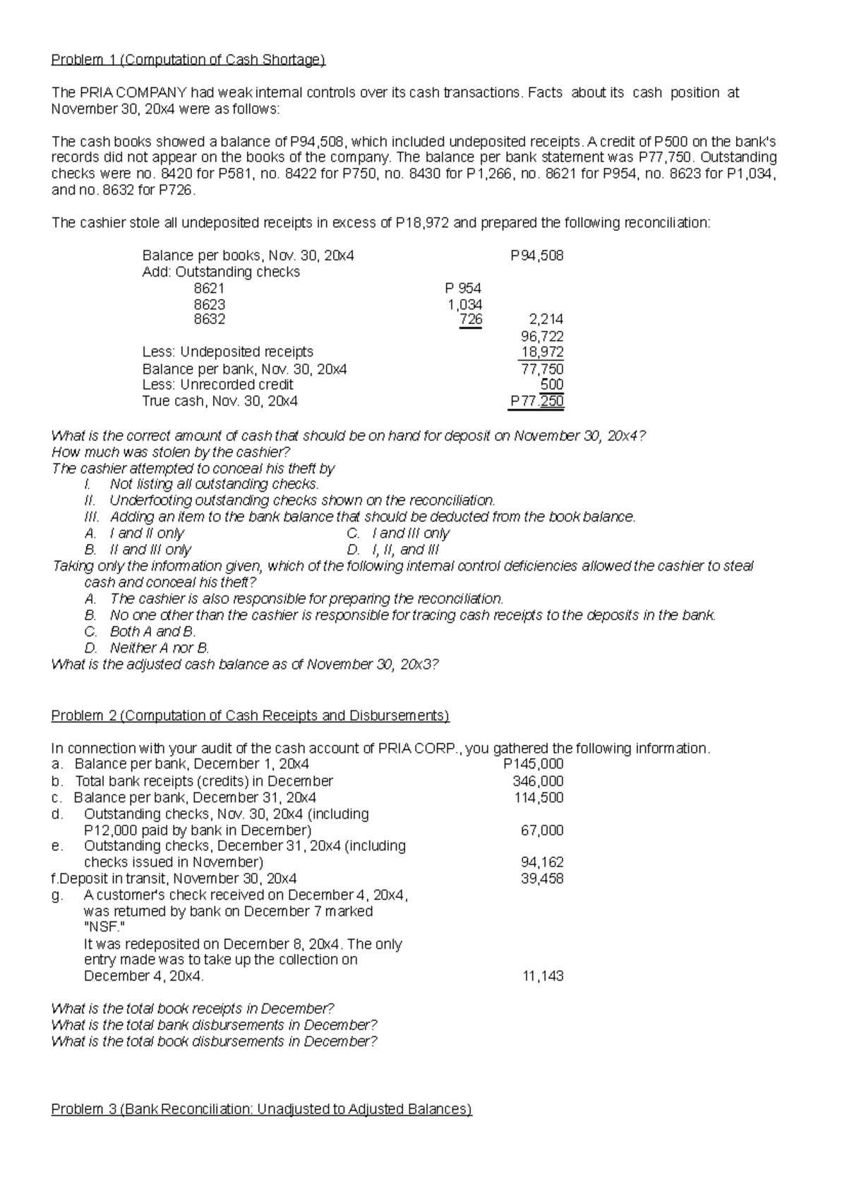 Problen on Audit of Cash - Problem 1 (Computation of Cash Shortage) The ...