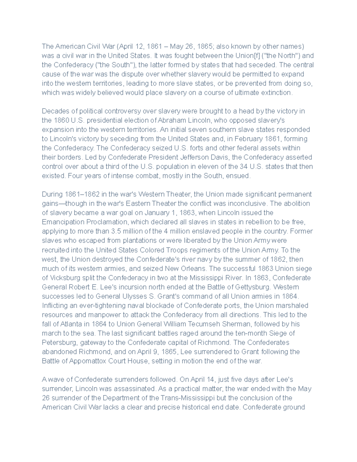 Untitled document - n/a - The American Civil War (April 12, 1861 – May ...