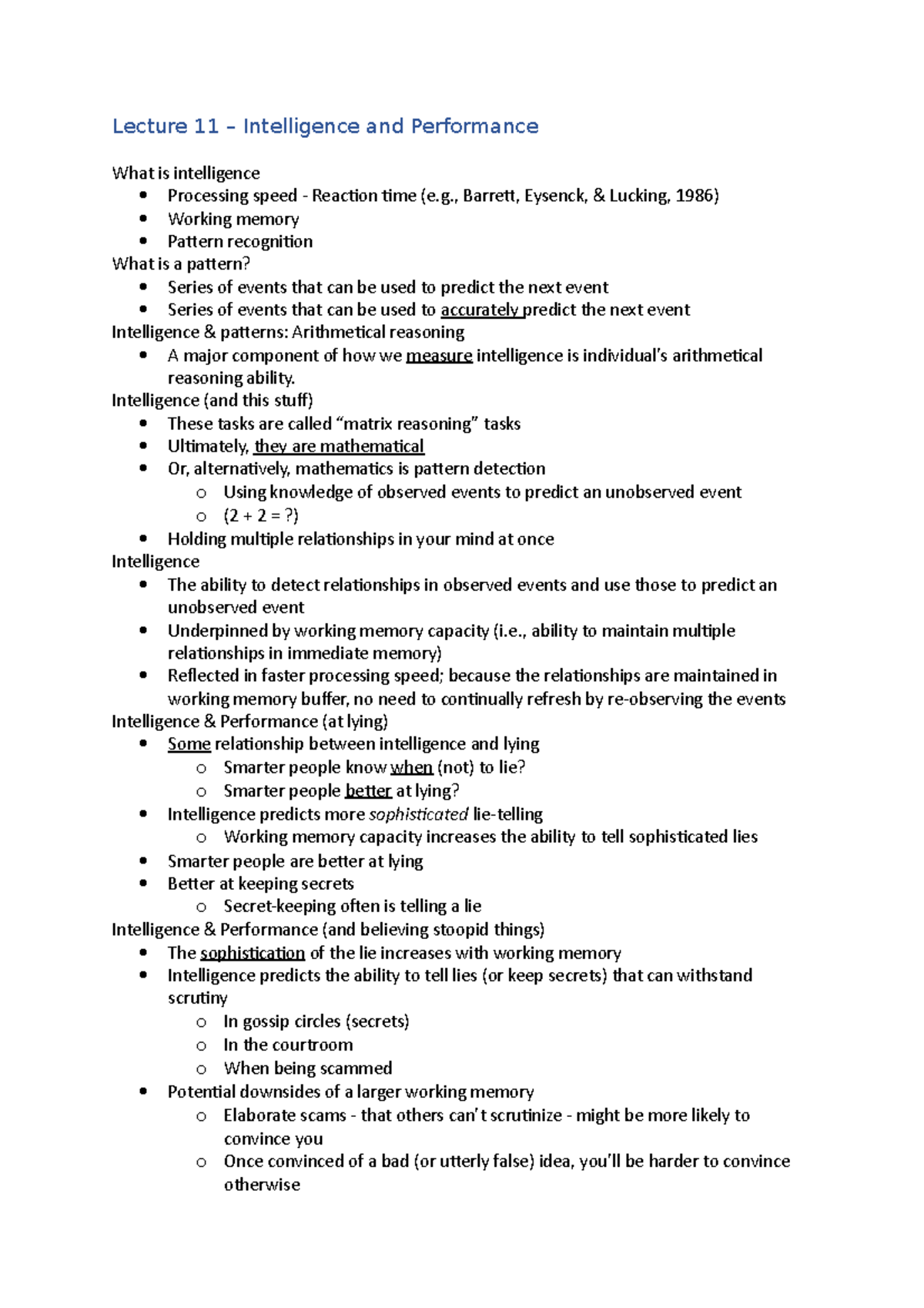 PSY391 Lecture 11 - Lecture 11 – Intelligence and Performance What is ...