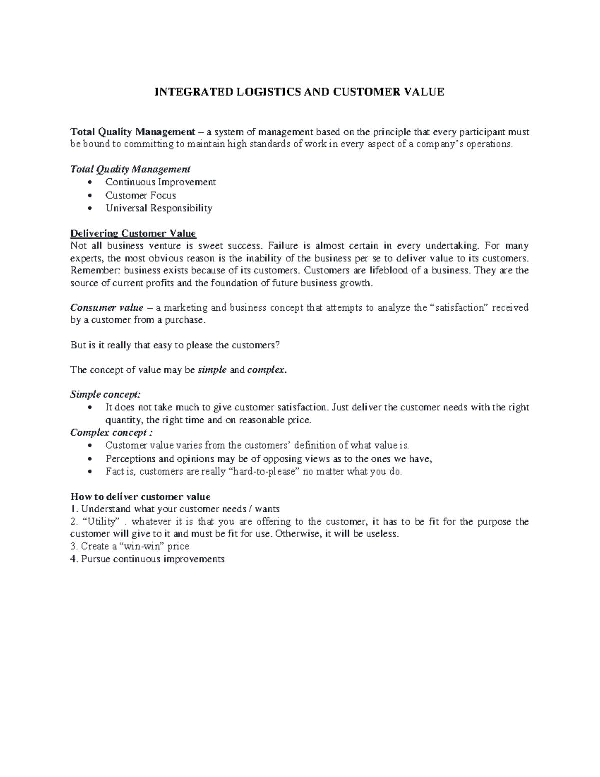 Integrated Logisitics and Customer Value - Supply Chain Management ...