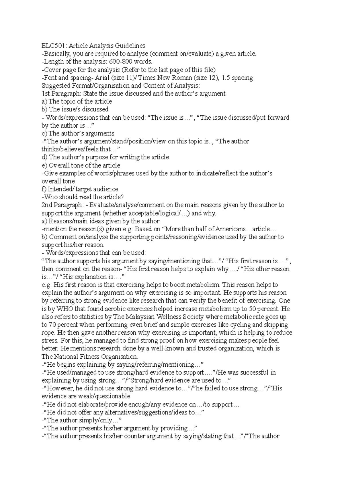 English FOR Critical Academic Reading Analysis Guide - ELC501: Article ...