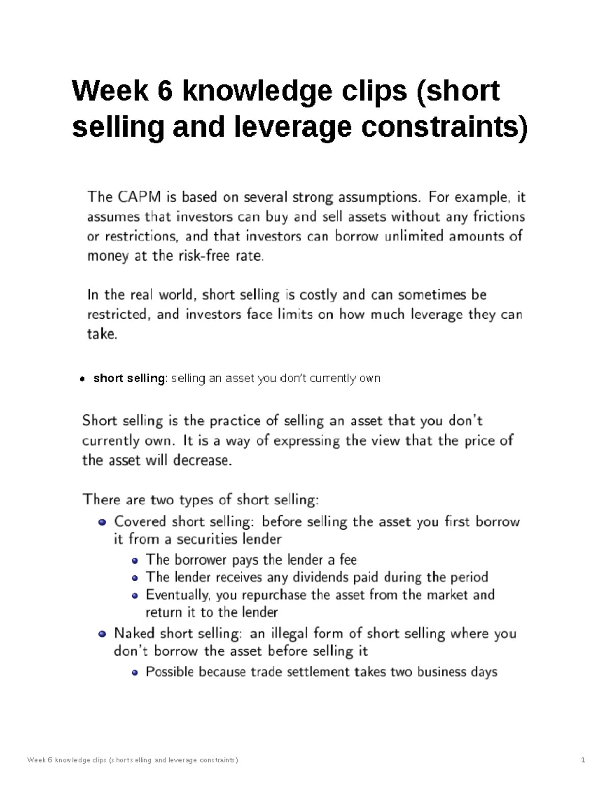 Week 6 knowledge clips (short selling and leverage ...