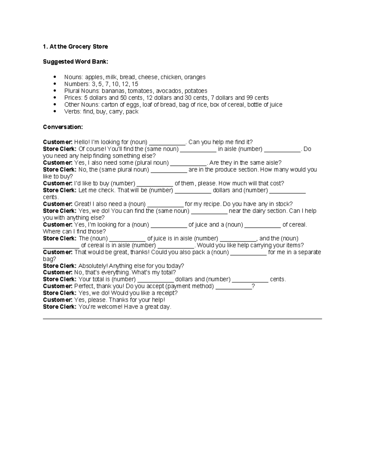 Speech and Diction Dialouges - At the Grocery Store Suggested Word Bank ...
