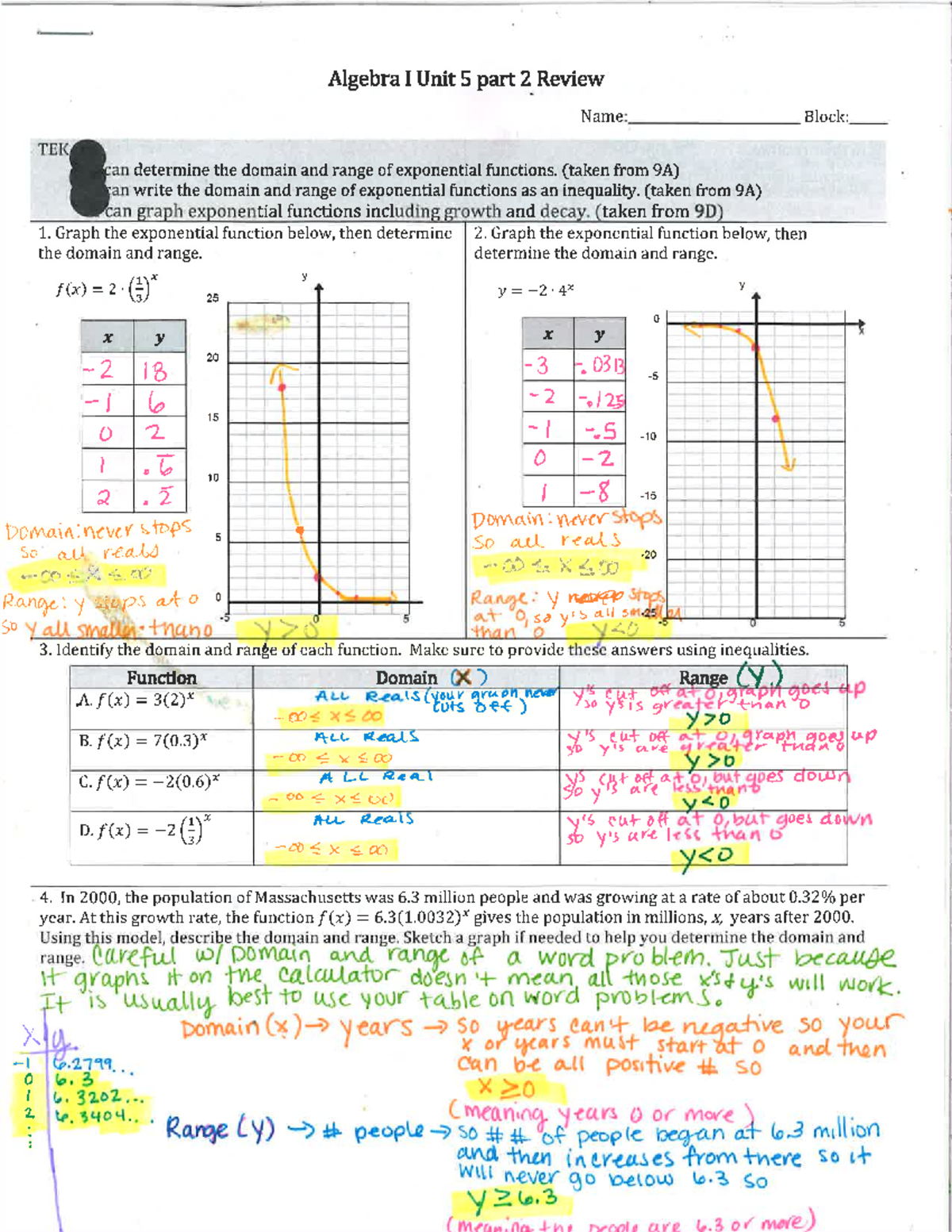0279 001 - Ap Calculus. - Algebra I Unit 5 part 2 Review Name: Block ...