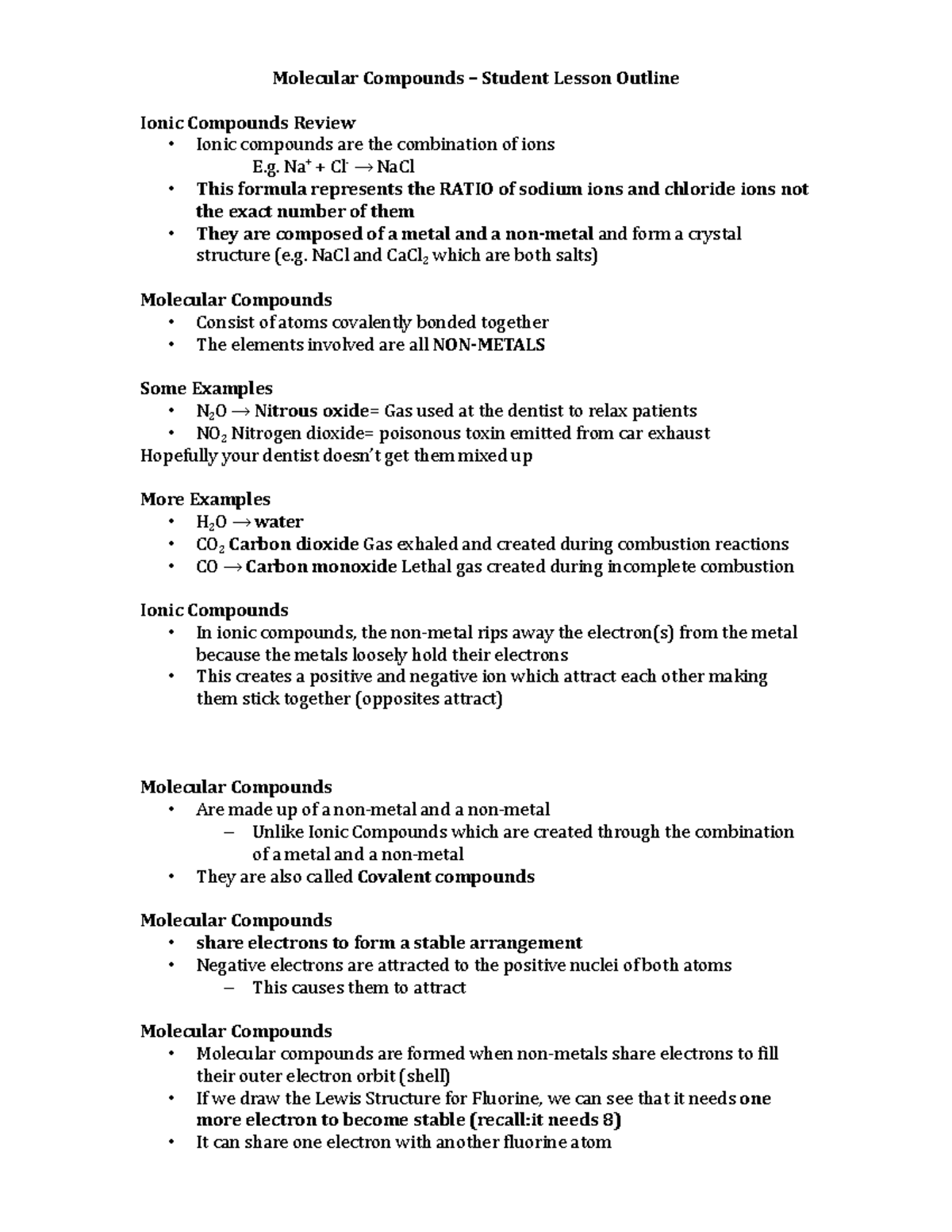 Chemistry lesson 7 - Molecular Compounds – Student Lesson Outline Ionic ...