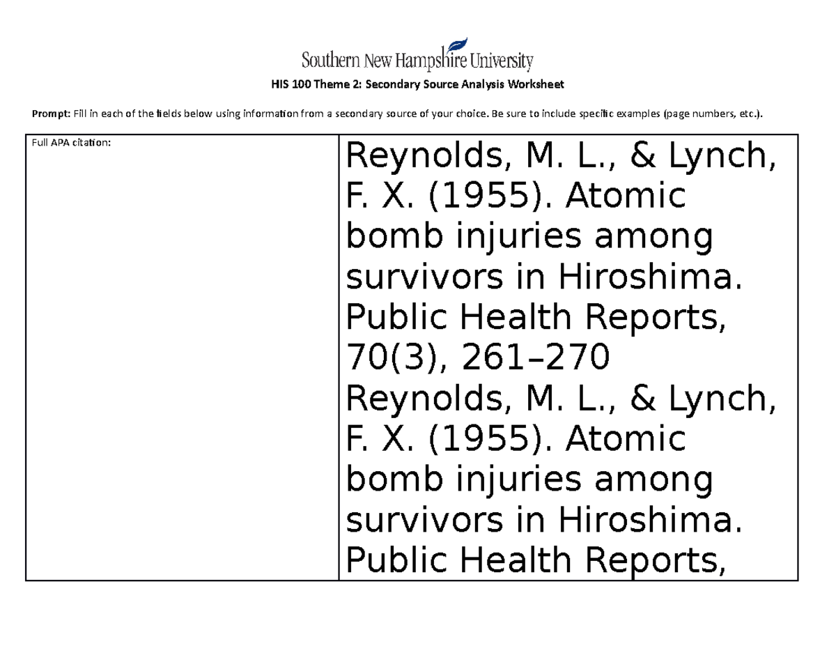 His100 secondary source analysis worksheet - HIS 100 Theme 2: Secondary ...