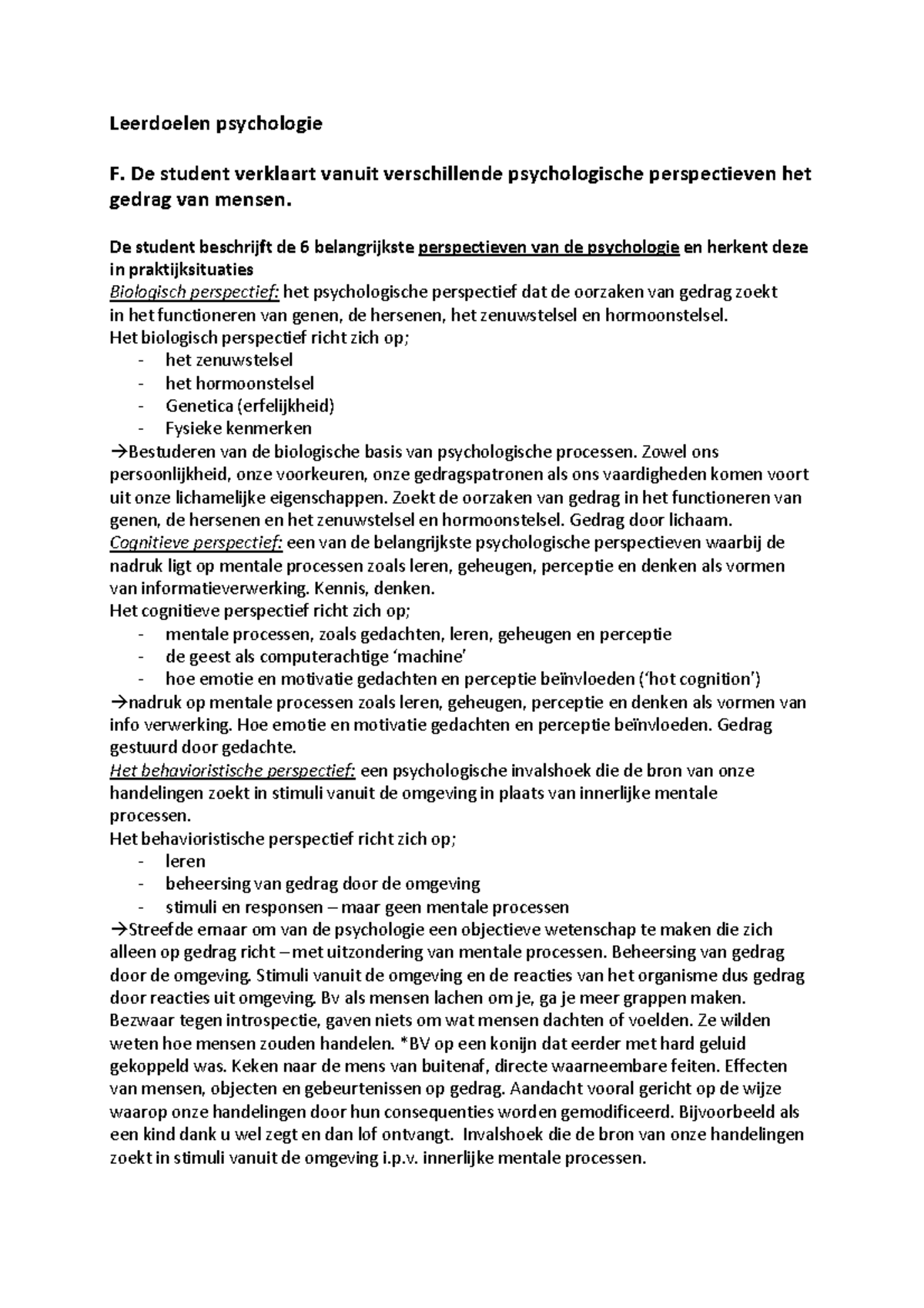 Samenvatting Mens Gedrag En Communicatie Leerdoelen Psychologie F