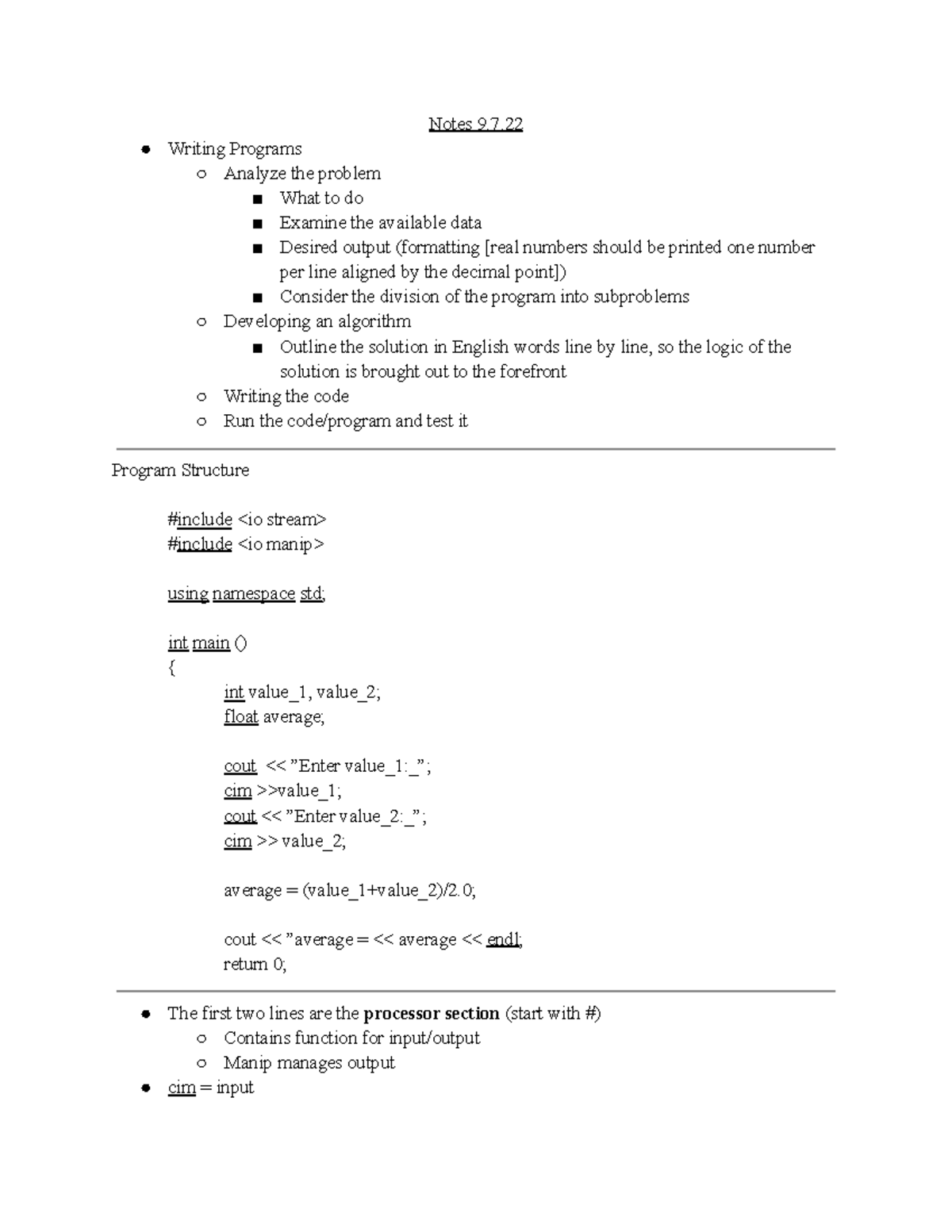 CISC 1600 Notes - As title says - Notes 9. Writing Programs Analyze the ...