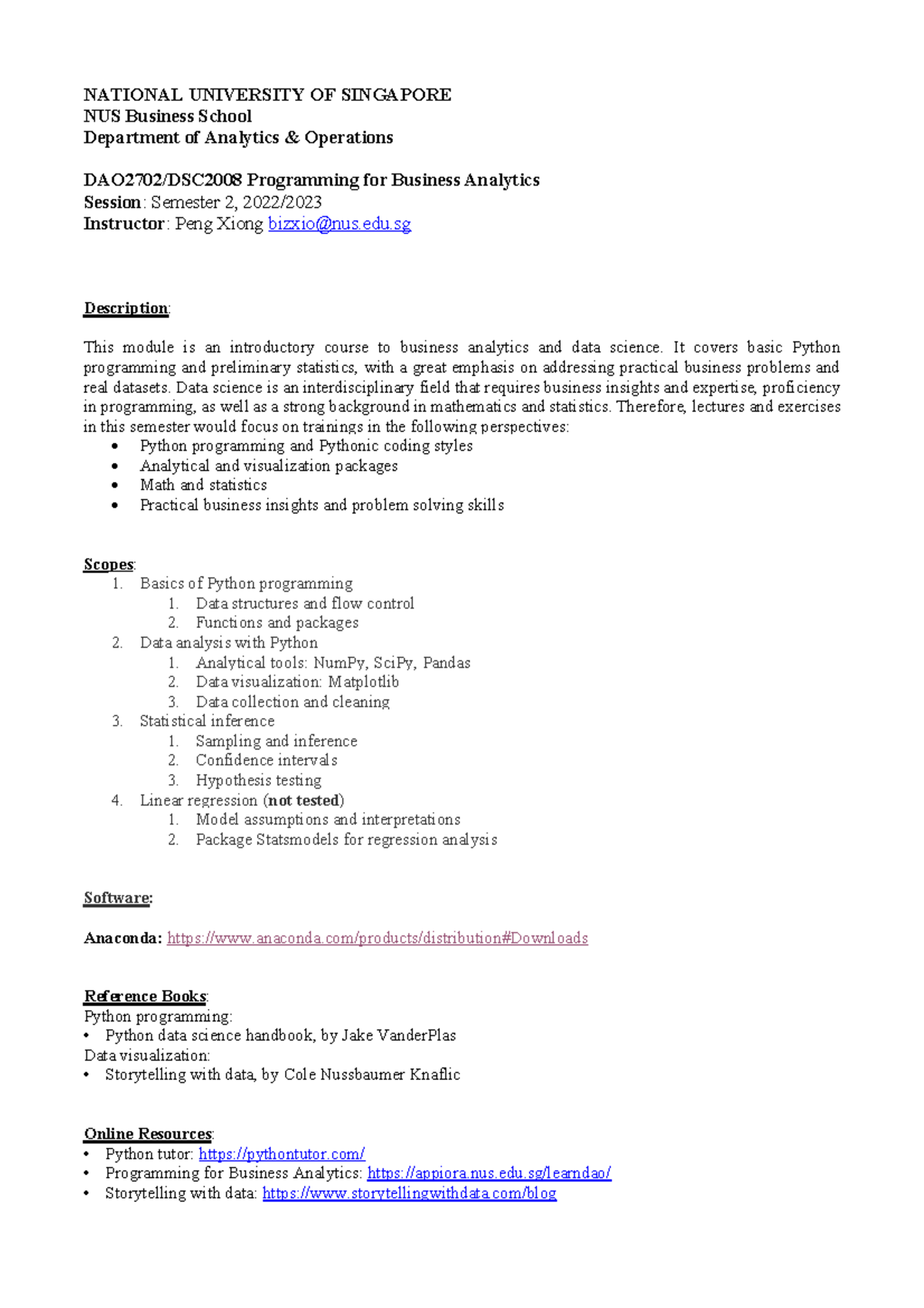 DAO2702 Course overview - NATIONAL UNIVERSITY OF SINGAPORE NUS Business School Department of ...