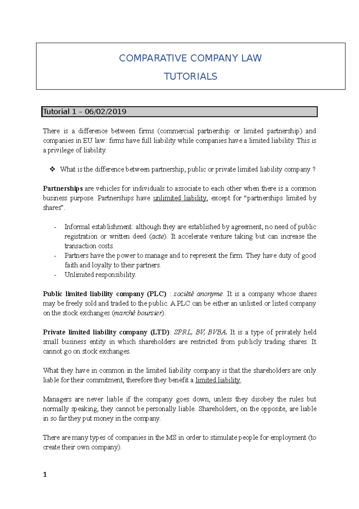 Tutorials - COMPARATIVE COMPANY LAW COMPARATIVE COMPANY LAW TUTORIALS ...
