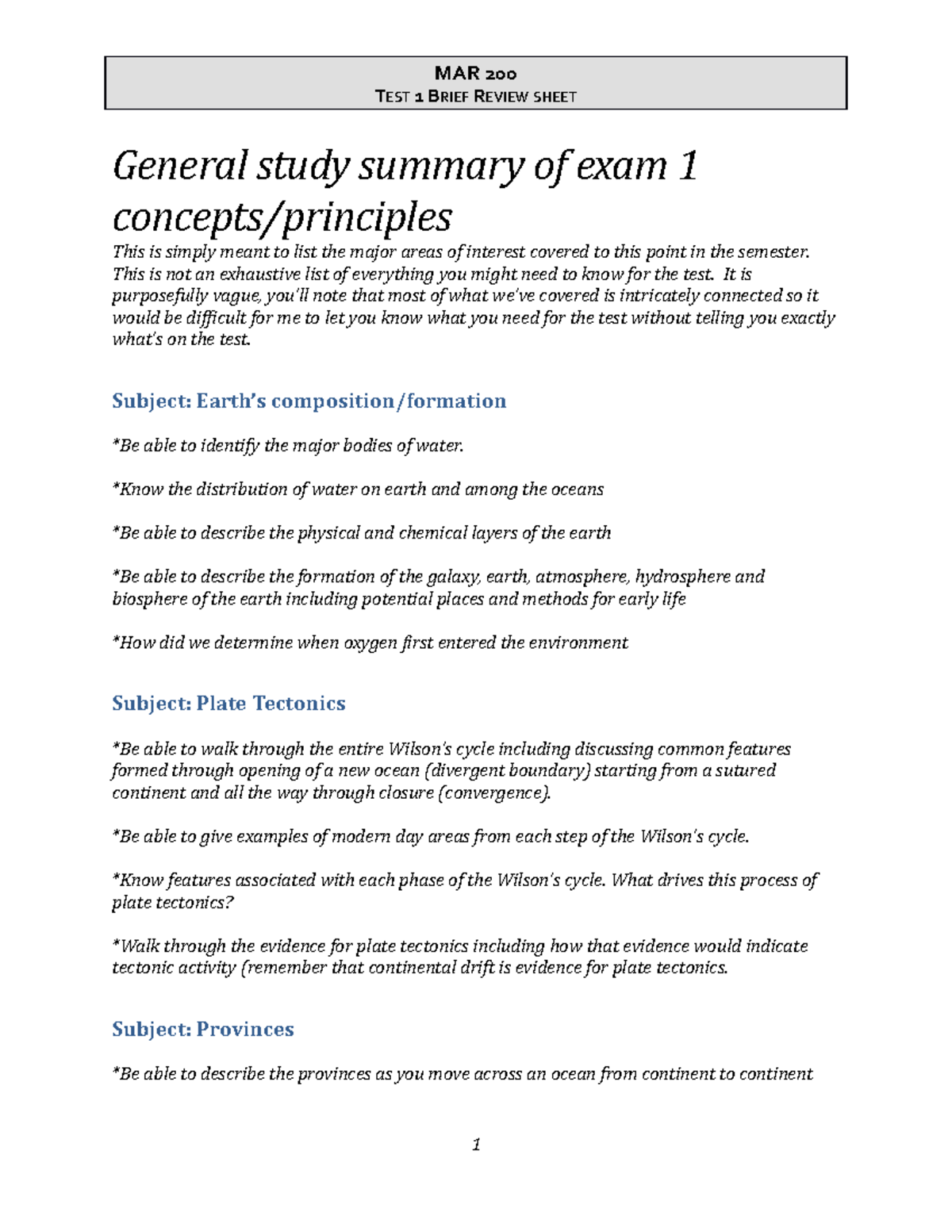 MAR 200 test 1 review (1) - MAR 200 TEST 1 BRIEF REVIEW SHEET General ...