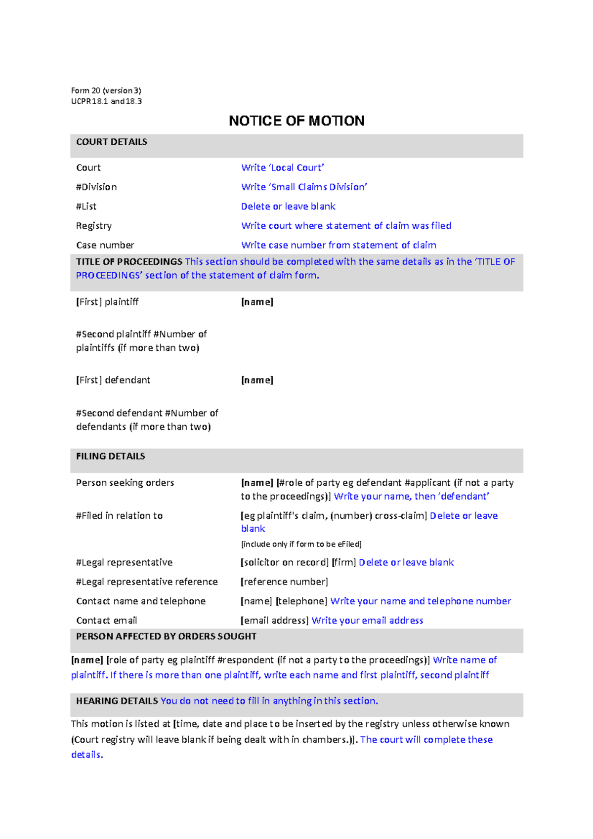 Instructions - notice of motion to set aside a default judgment - Form ...