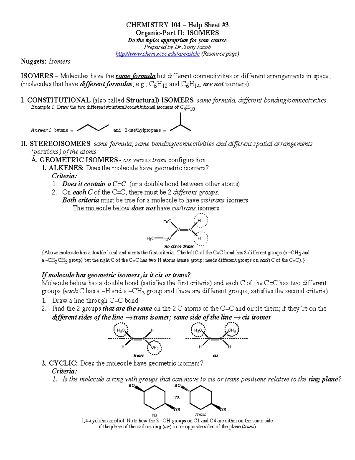 Helpsheet 3 104 - Exam 1- (Organic Part 2) - CHEMISTRY 104 – Help Sheet ...