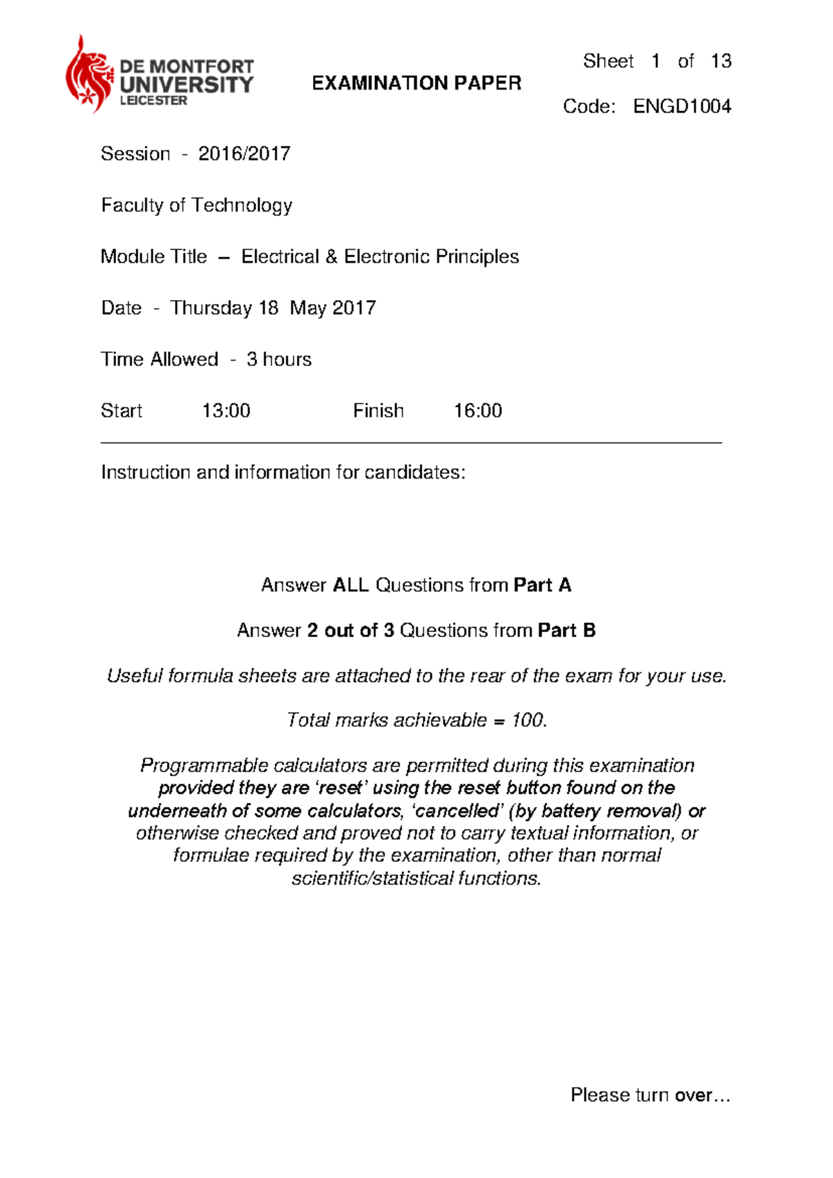 Electrical Electronic Principles Sheet 1 Of 13 Examination Paper