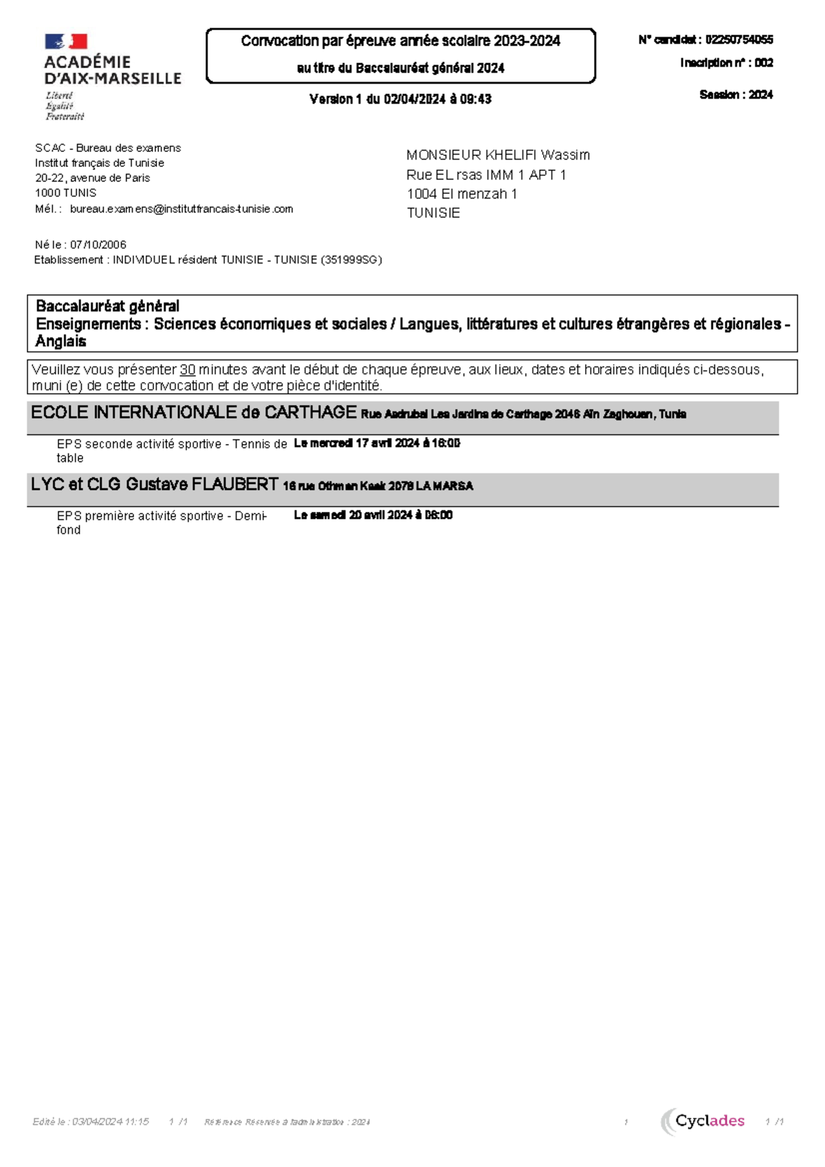 225075405500002 Convocation par epreuve V1 20240402 - Edité le : 03/04/2024 11:15 1 /1 Référence ...