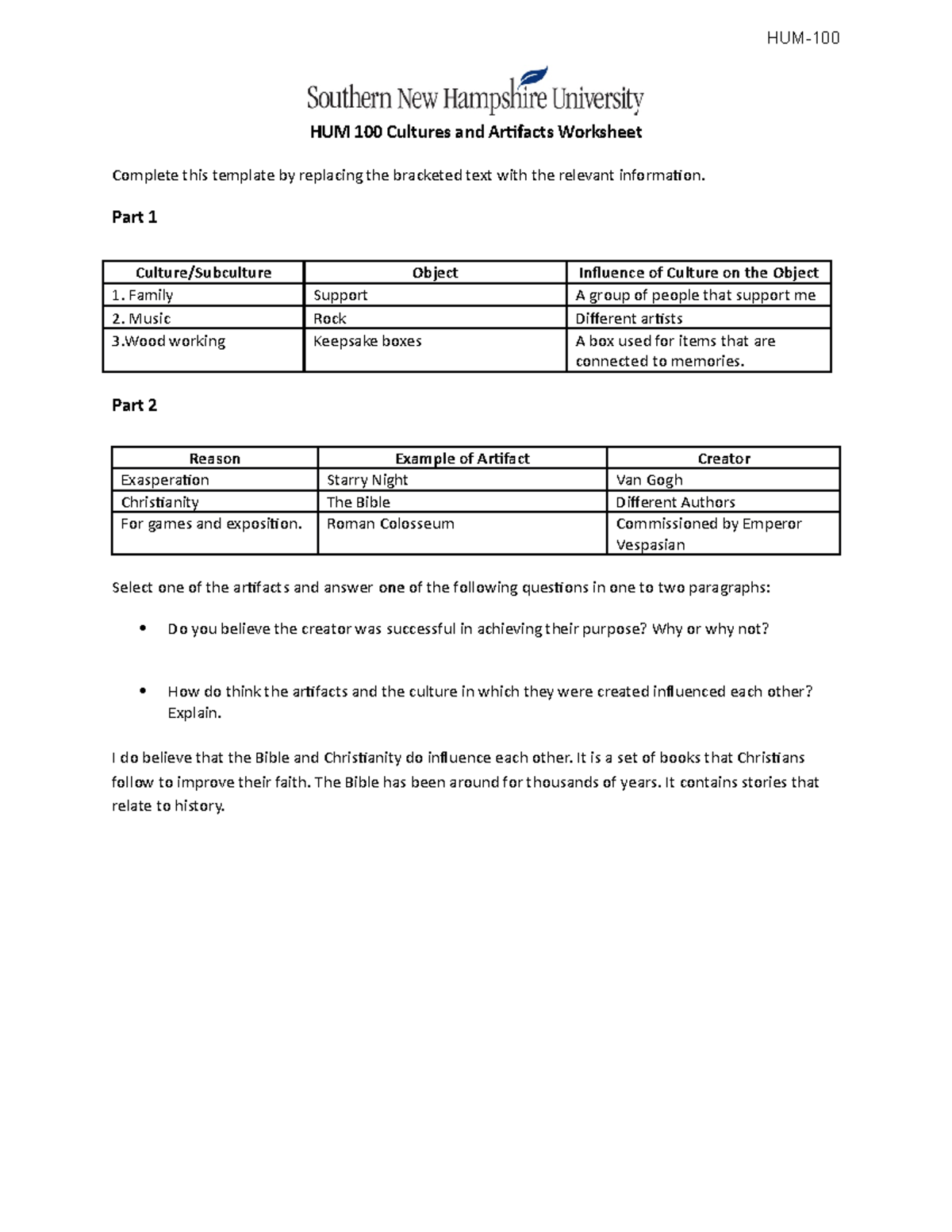HUM 100 Cultures and Artifacts Worksheet - HUM- HUM 100 Cultures and ...