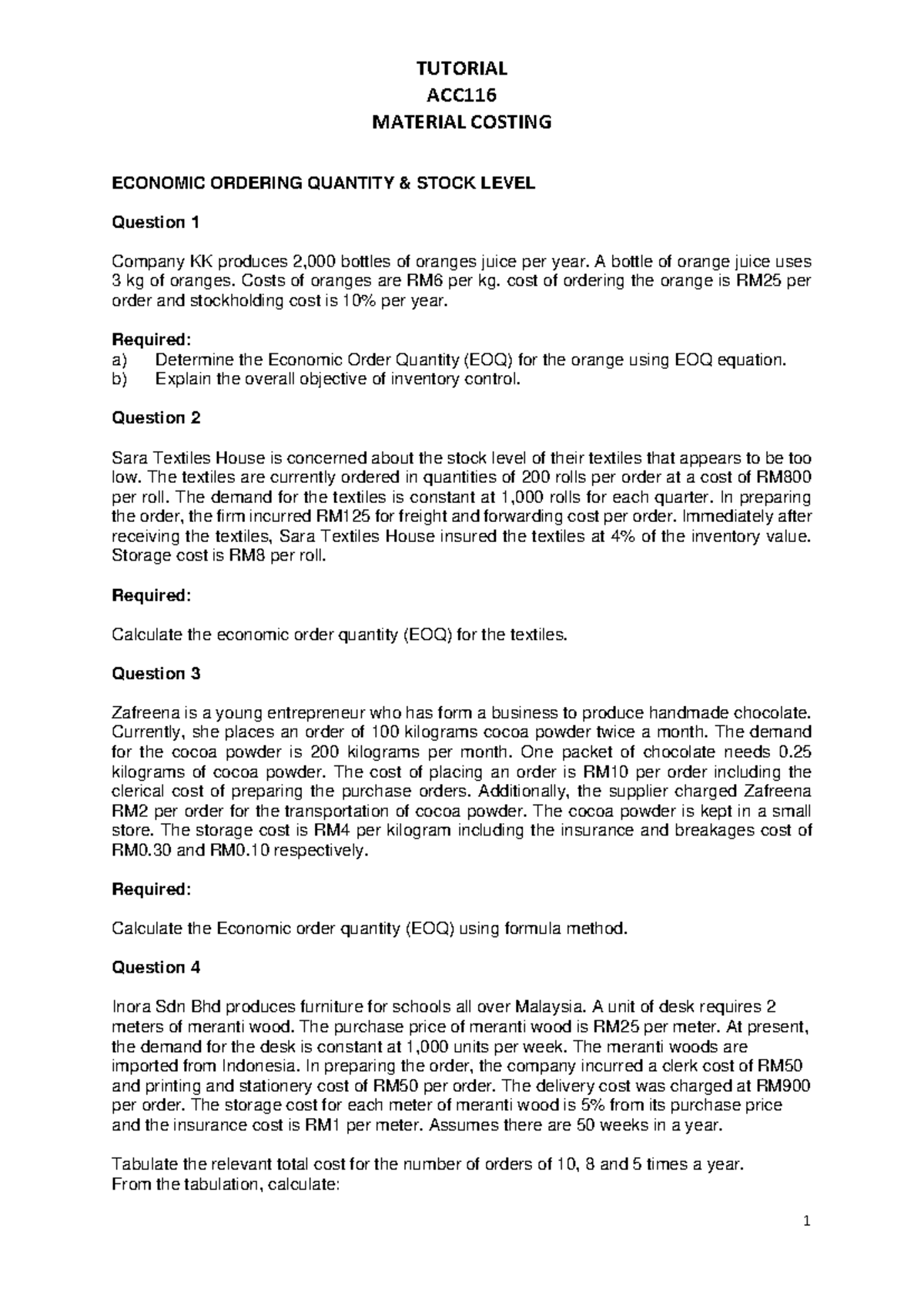Tutorial - Material Costing - ACC MATERIAL COSTING ECONOMIC ORDERING ...