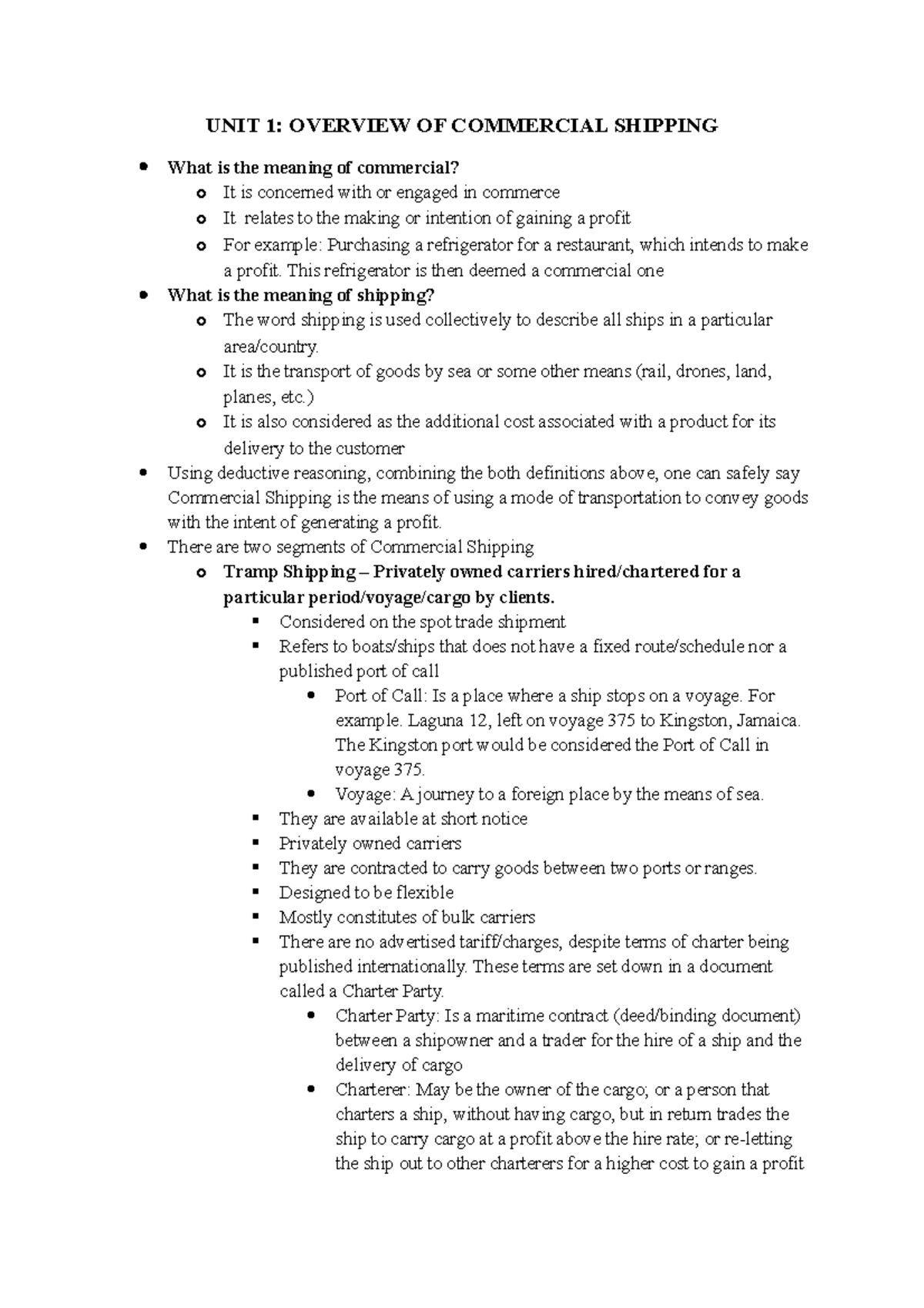 commercial shipping summary notes - UNIT 1: OVERVIEW OF COMMERCIAL ...