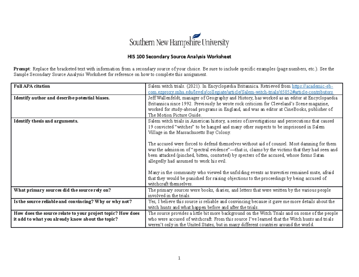 3-4 Activity Secondary Source Analysis Worksheet - HIS 100 Secondary ...