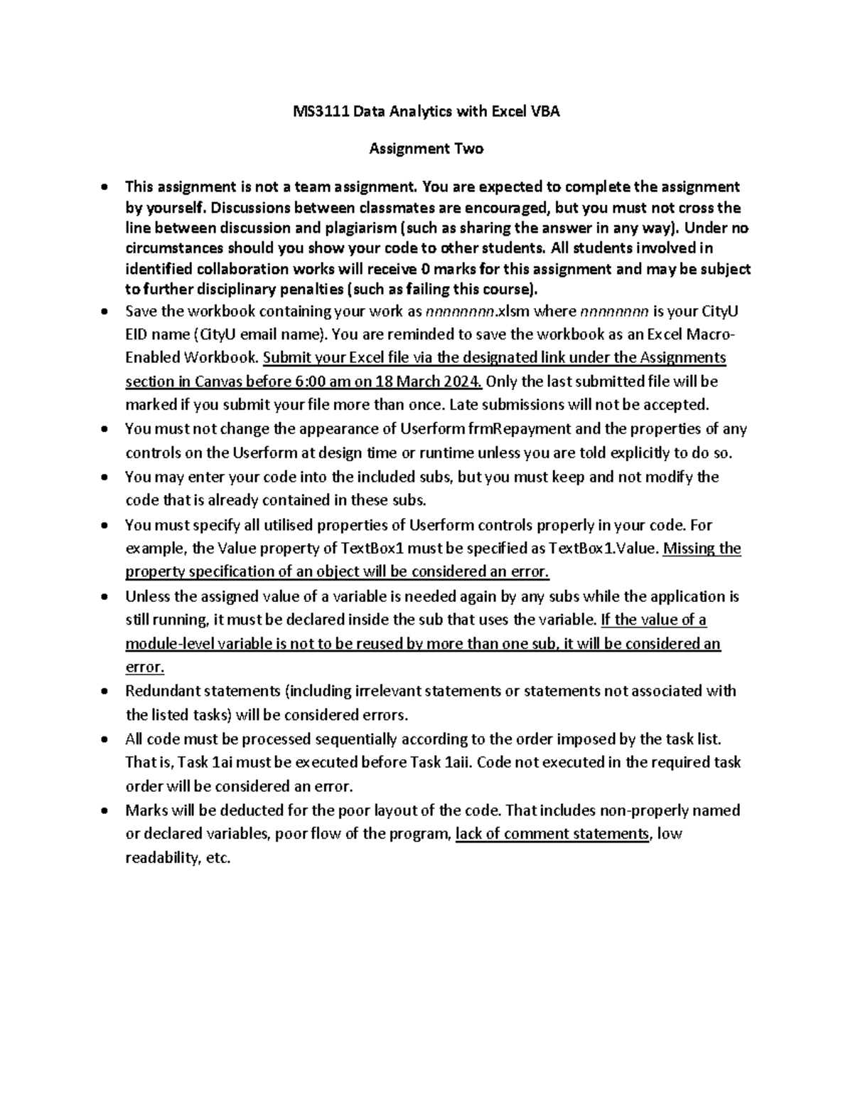 Assignment 2 2023B - MS3111 Data Analytics with Excel VBA Assignment Two This assignment is not ...