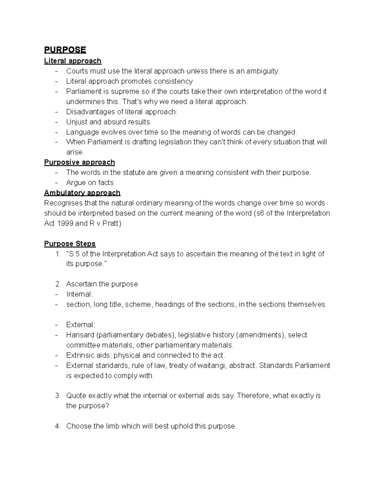 LAWS123-Cheat sheet purpose onwards - PURPOSE Literal approach Courts ...