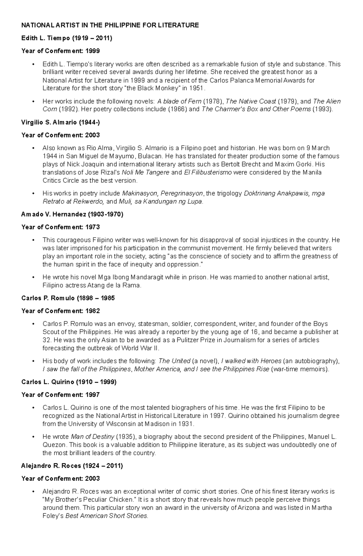 National Artist IN THE Philippine FOR Literature - NATIONAL ARTIST IN ...