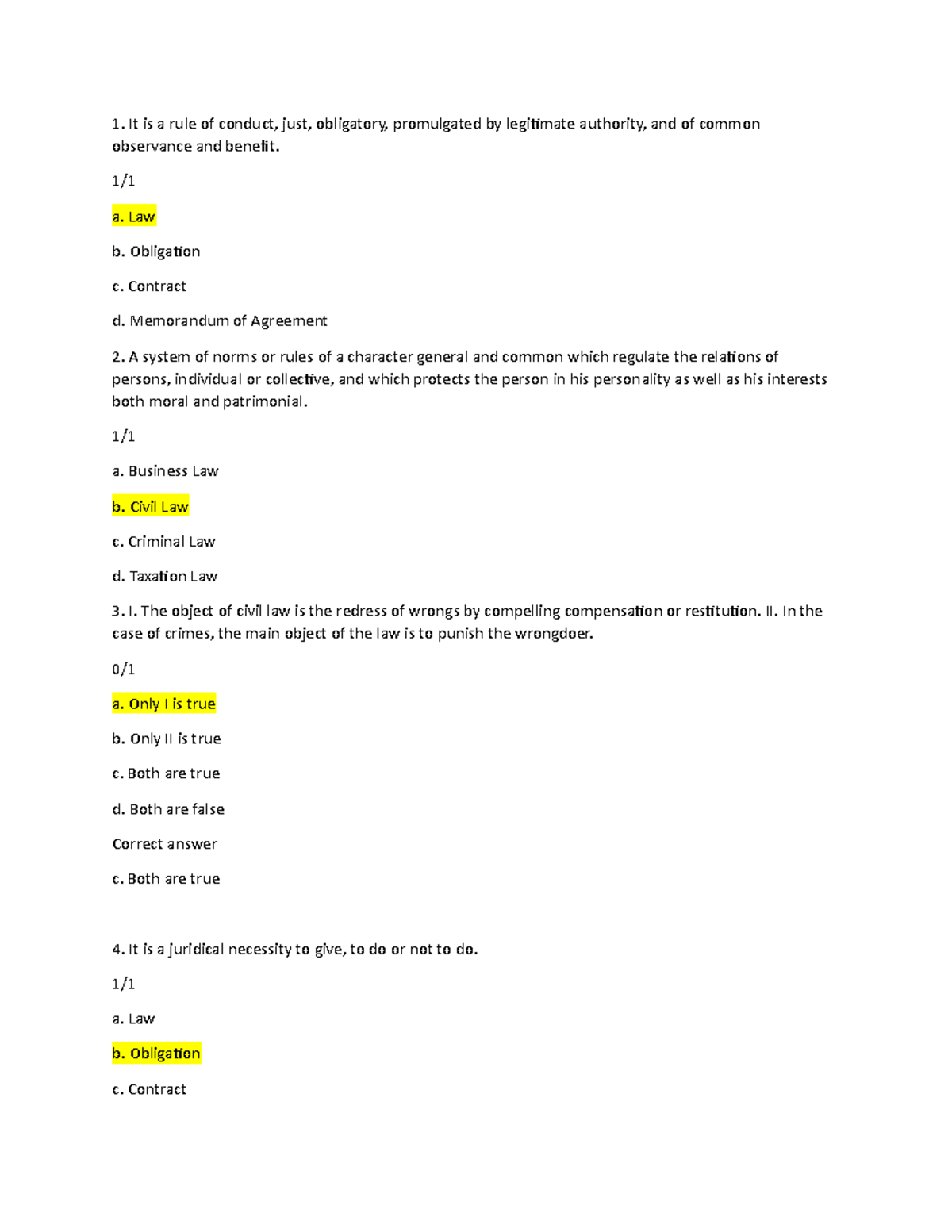 Oblicon-prelim-quiz - Obligations and Contracts Quiz - It is a rule of ...