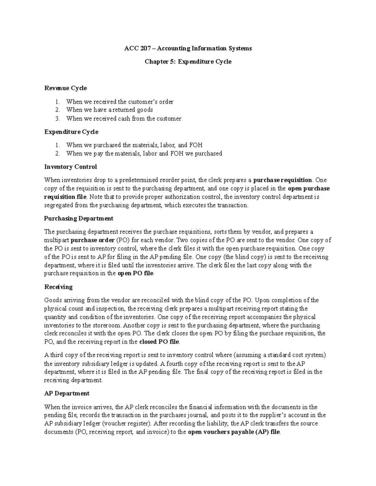 Chapter 5 AIS - ACC 207 – Accounting Information Systems Chapter 5: Expenditure Cycle Revenue ...