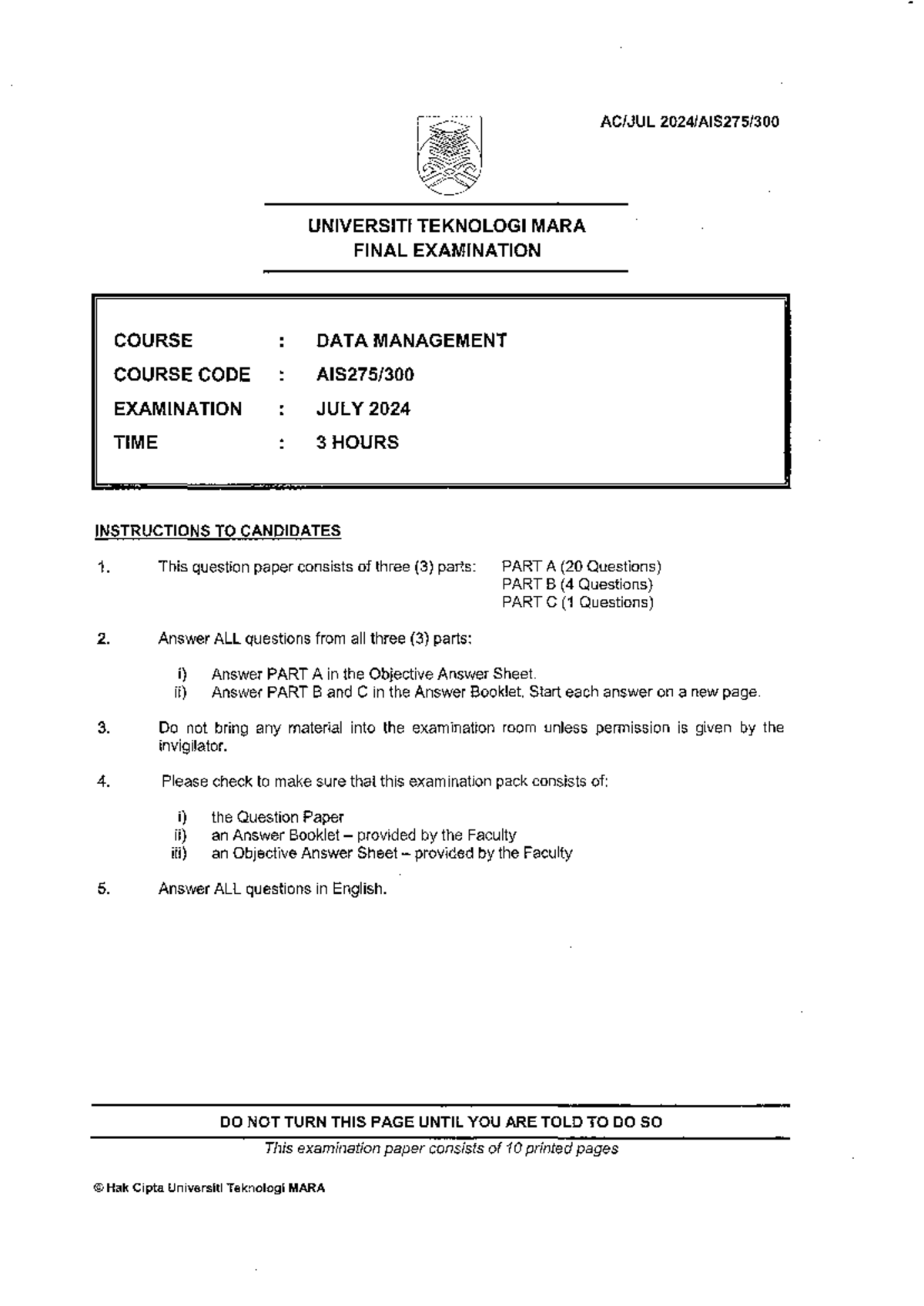 AIS275 - Exam paper - UNIVERSITI TEKNOLOGI MARA FINAL EXAMINATION COURSE COURSE CODE EXAMINATION ...