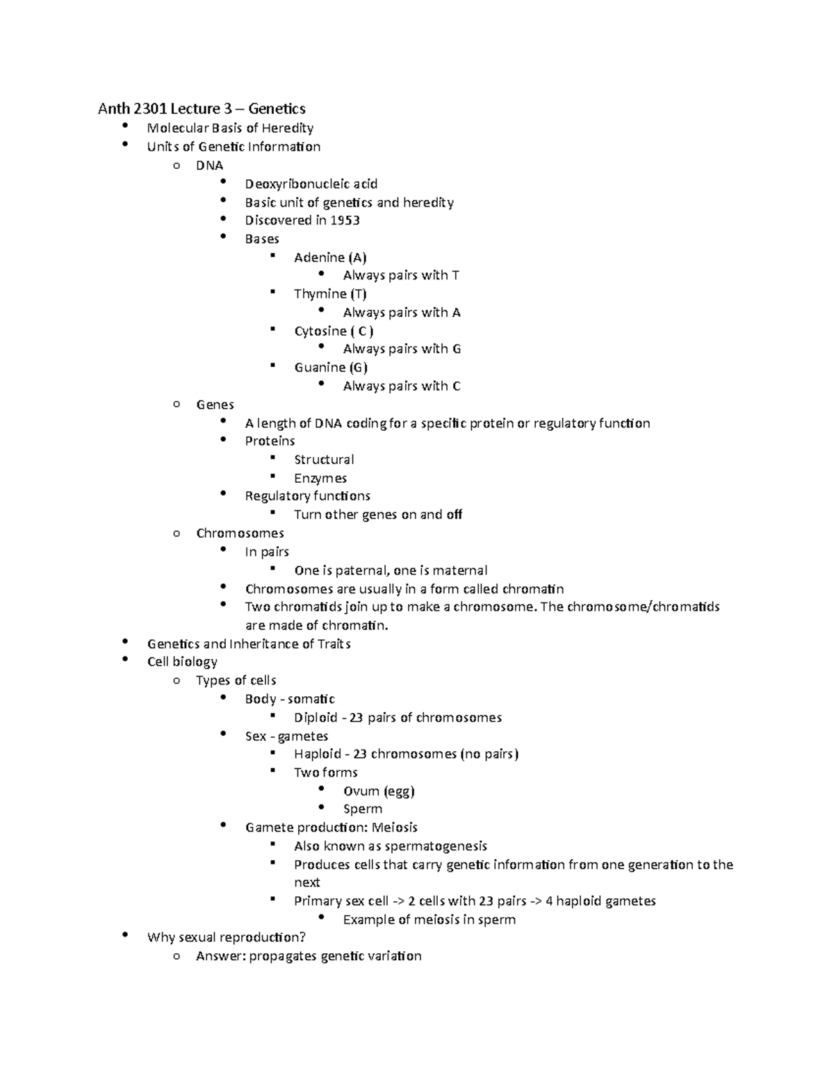 Anth 2301 Lecture 3 Genetics Anth 2301 Lecture 3 Genetics Molecular Basis Of Heredity