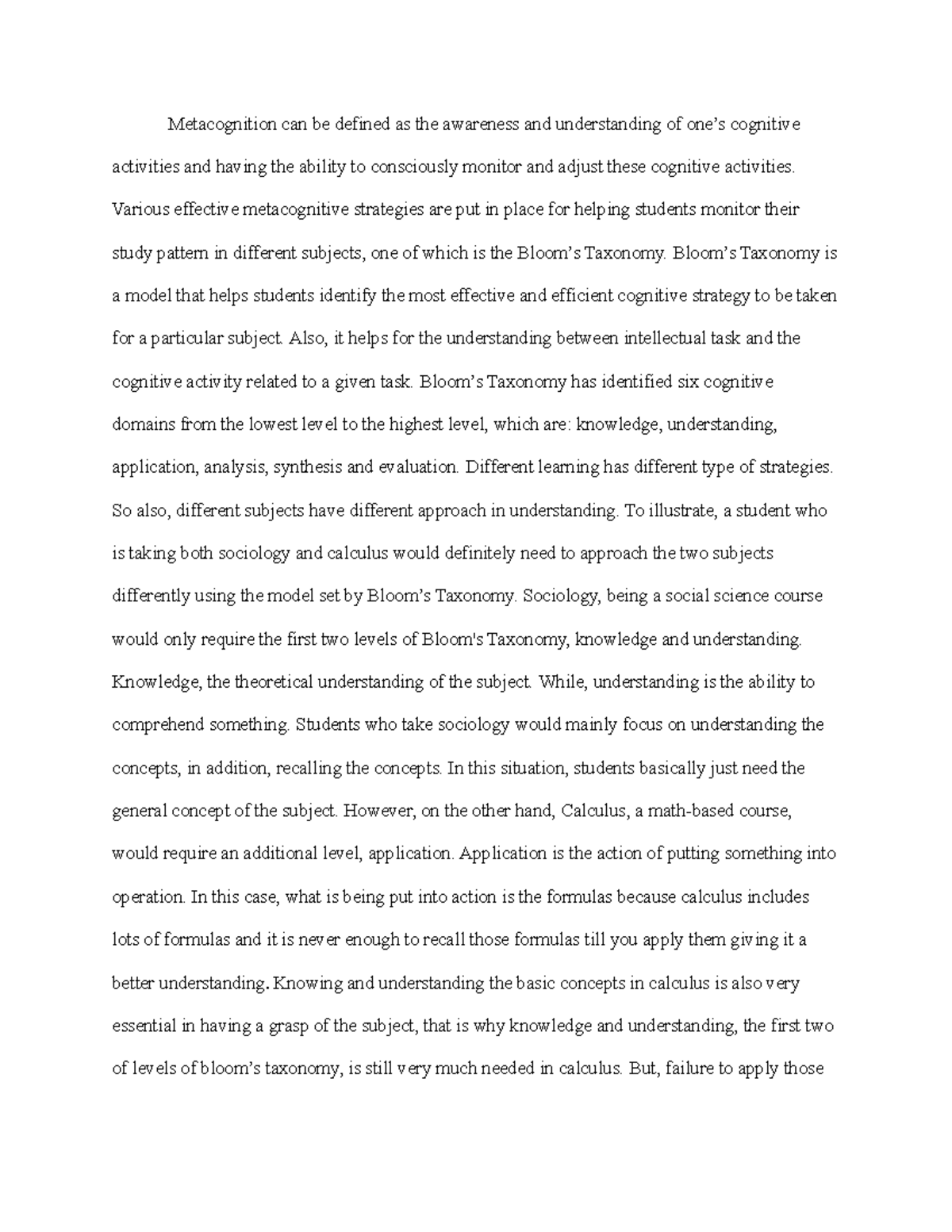 essay section 1 - Metacognition can be defined as the awareness and ...