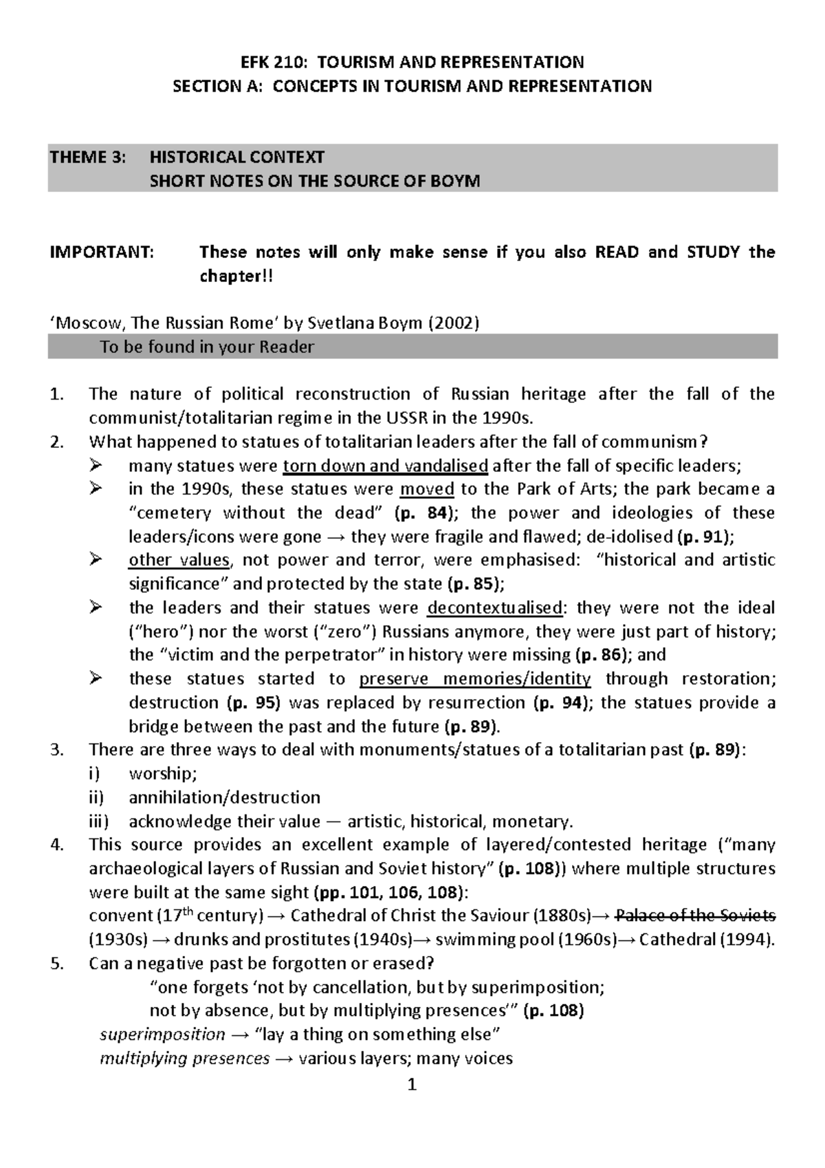 EFK210 Theme 3 Framework Boym Chapter 2022 - EFK 210: TOURISM AND REPRESENTATION SECTION A ...