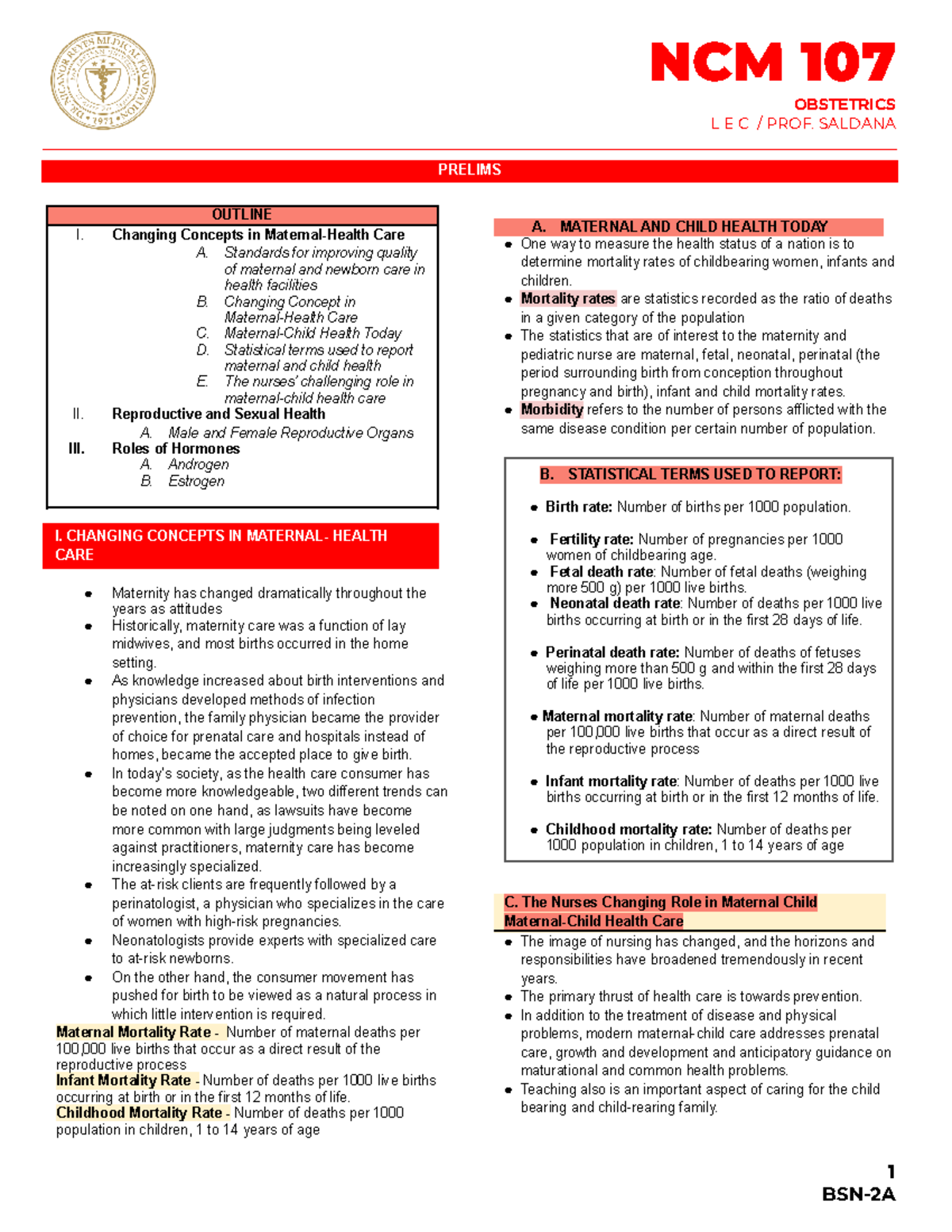 2A-NCM107(OB) prelims - NCM 107 OBSTETRICS L E C / PROF. SALDANA - Studocu