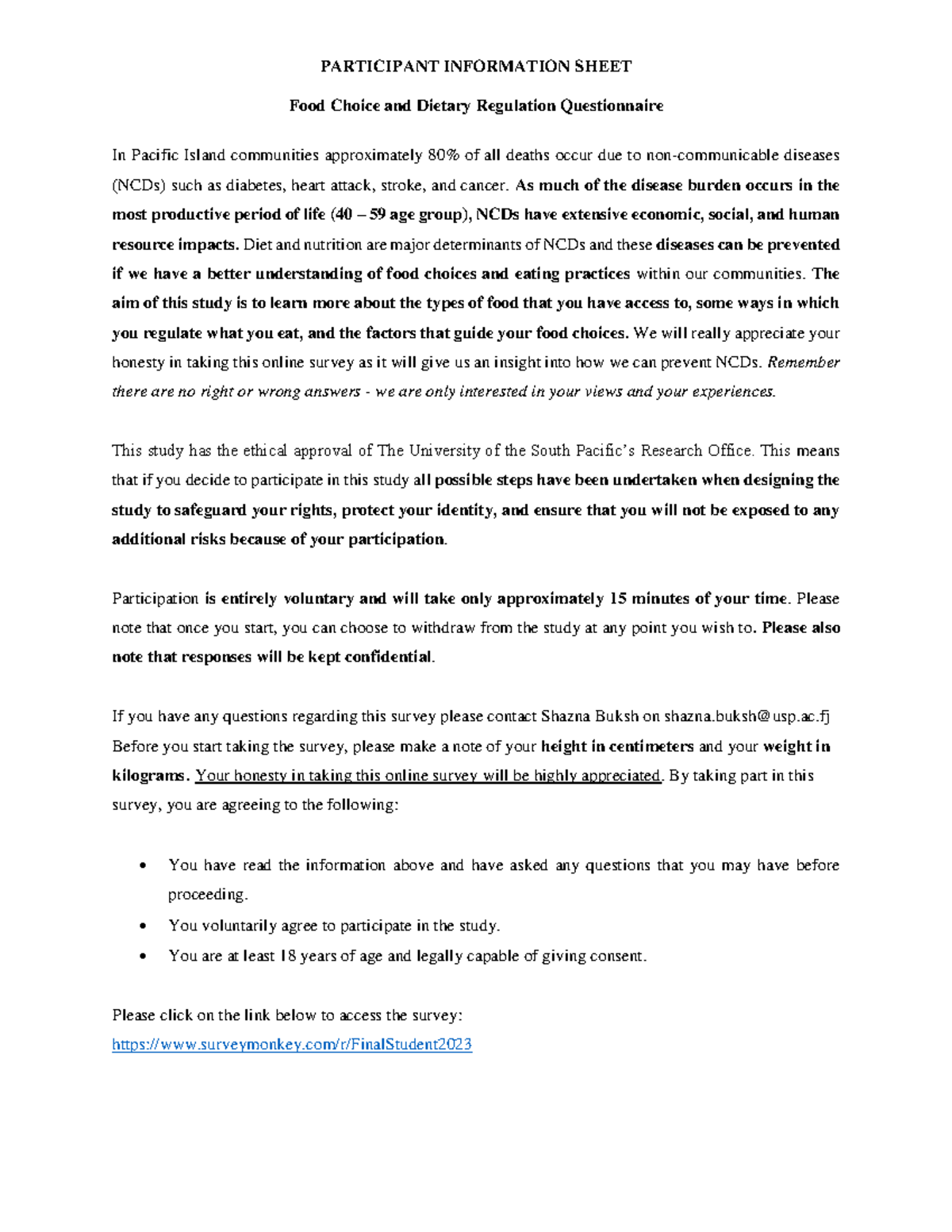 Food Choice and Dietary Regulation Questionnaire Participant Info Sheet ...