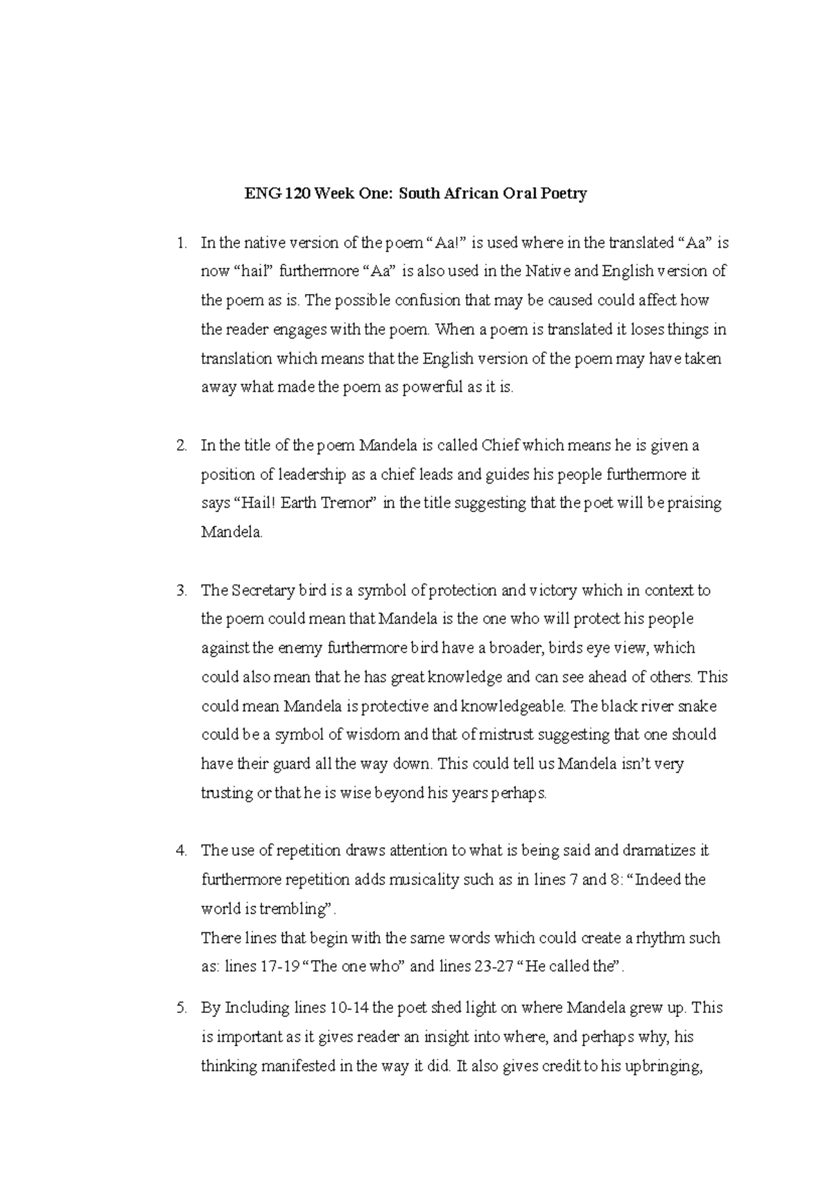 Worksheet 1 [ ENG 120 ] - Week One Poetry South African Oral poetry. It ...