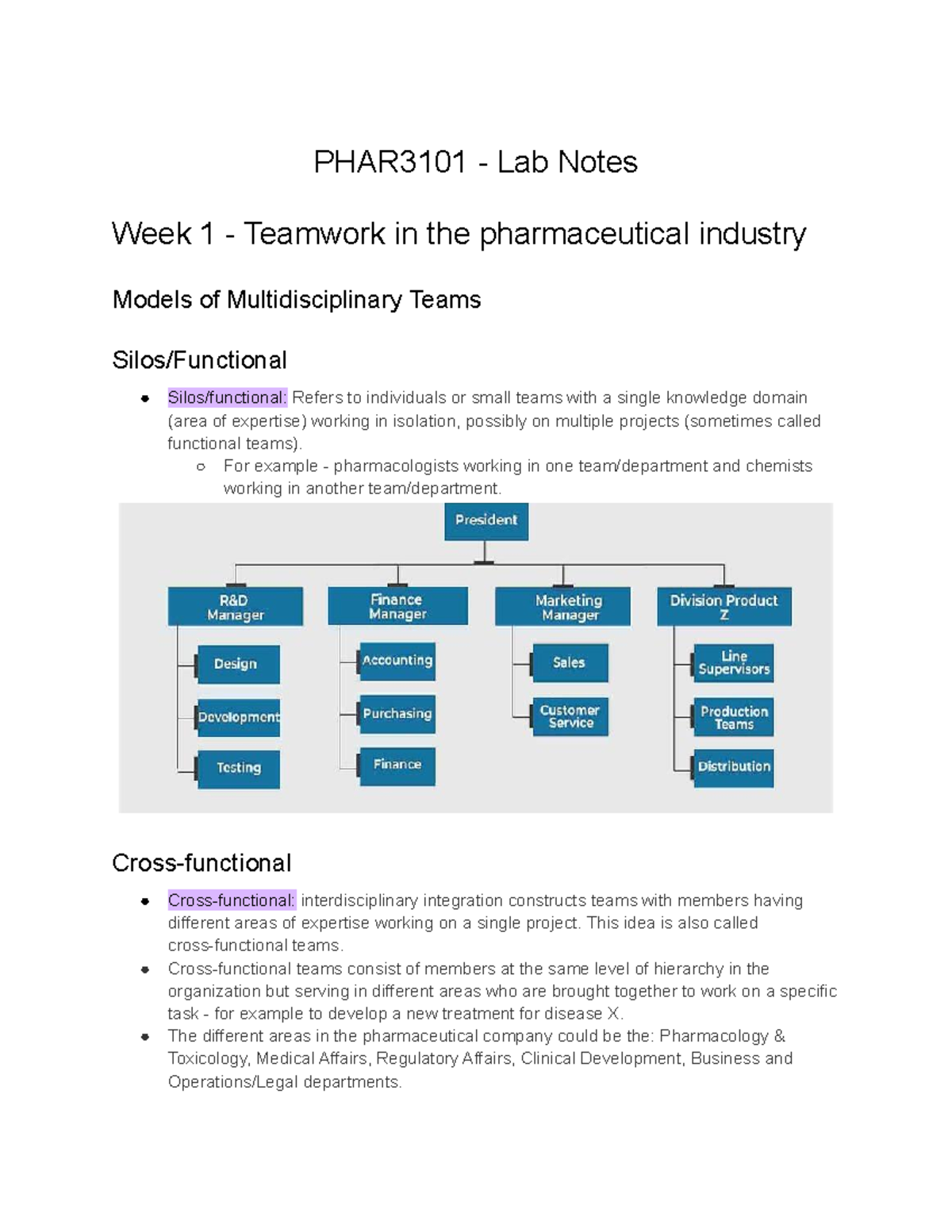 PHAR3101 - Lab Notes Week 1 - Teamwork in the pharmaceutical industry ...