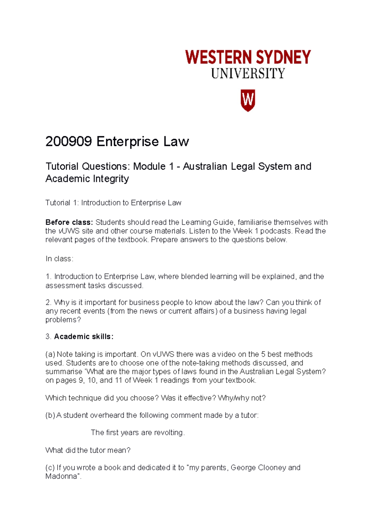 Tutorial 1 - 200909 Enterprise Law Tutorial Questions: Module 1 - Australian Legal System and ...