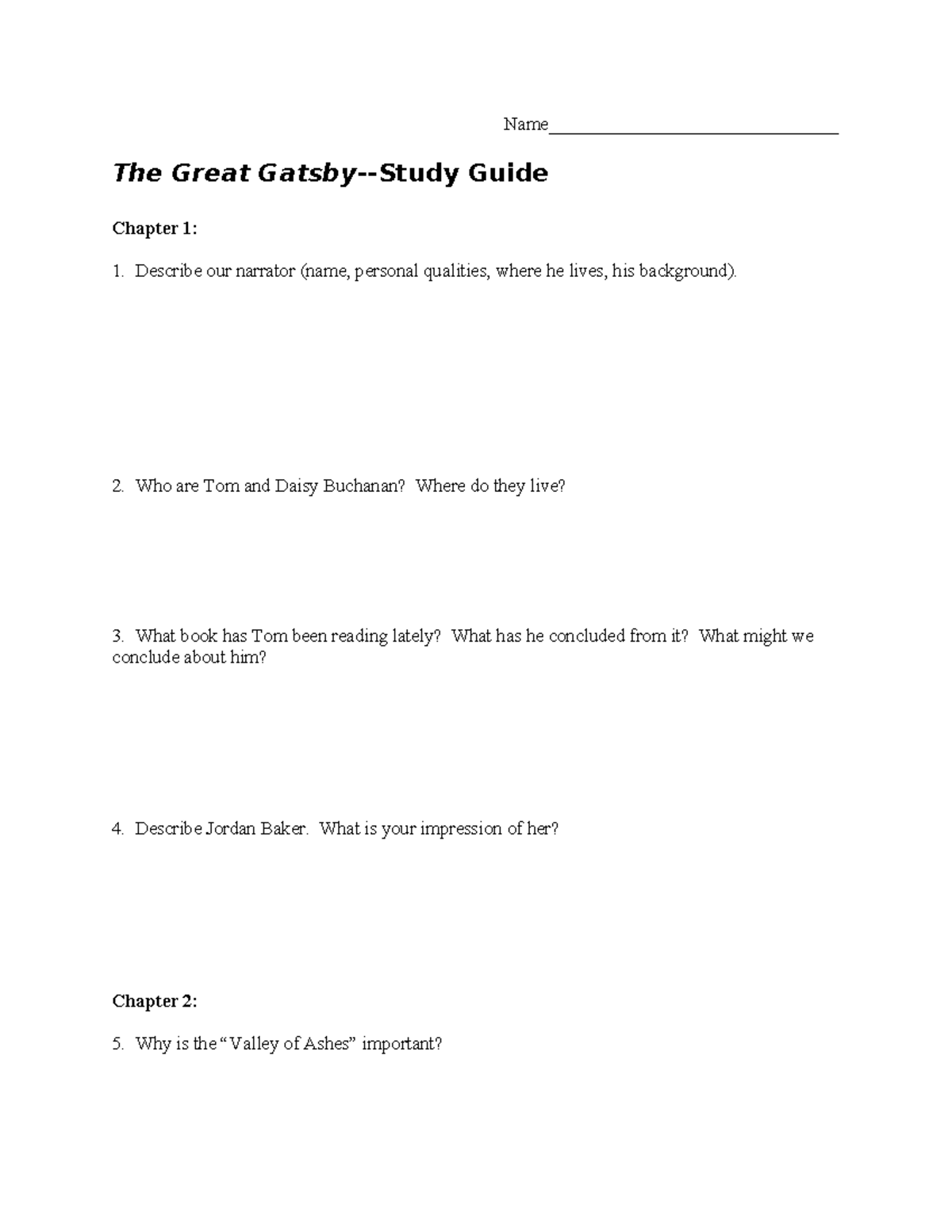 Great Gatsby Study Guide - Name_______________________________ The ...