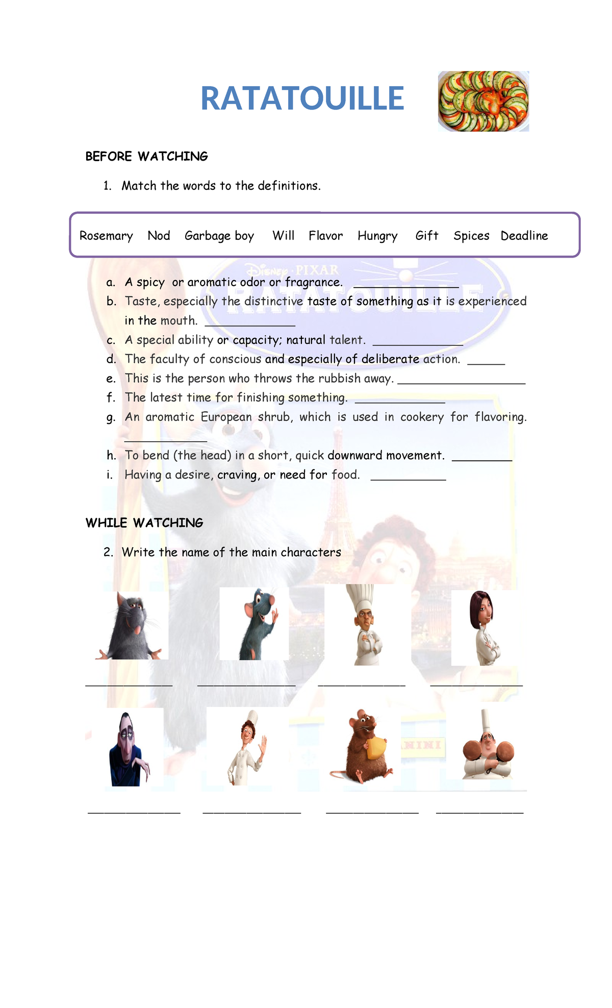 ratatouille-movie - BEFORE WATCHING 1. Match the words to the ...