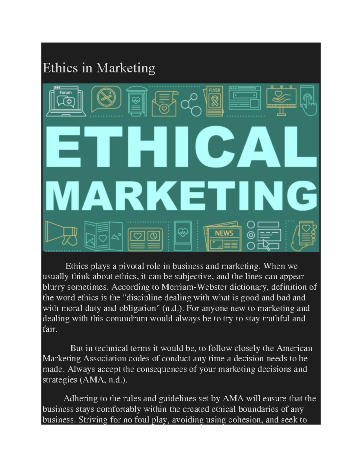 Module 8 Ethics in Marketing - Ethics in Marketing Ethics plays a ...